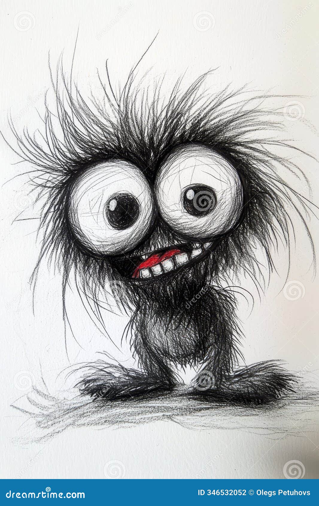 A Black-and-white Drawing of a Furry Creature with Large, Grinning Eyes ...