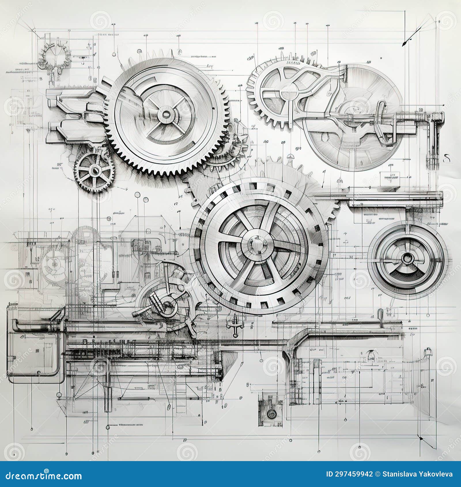 Black and White Drawing of Gears on Paper. Generative AI Stock Photo ...