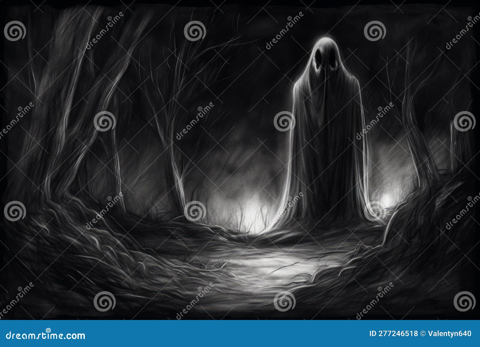 Black and White Drawing of Ghost in Dark Forest with Trees. Generative ...