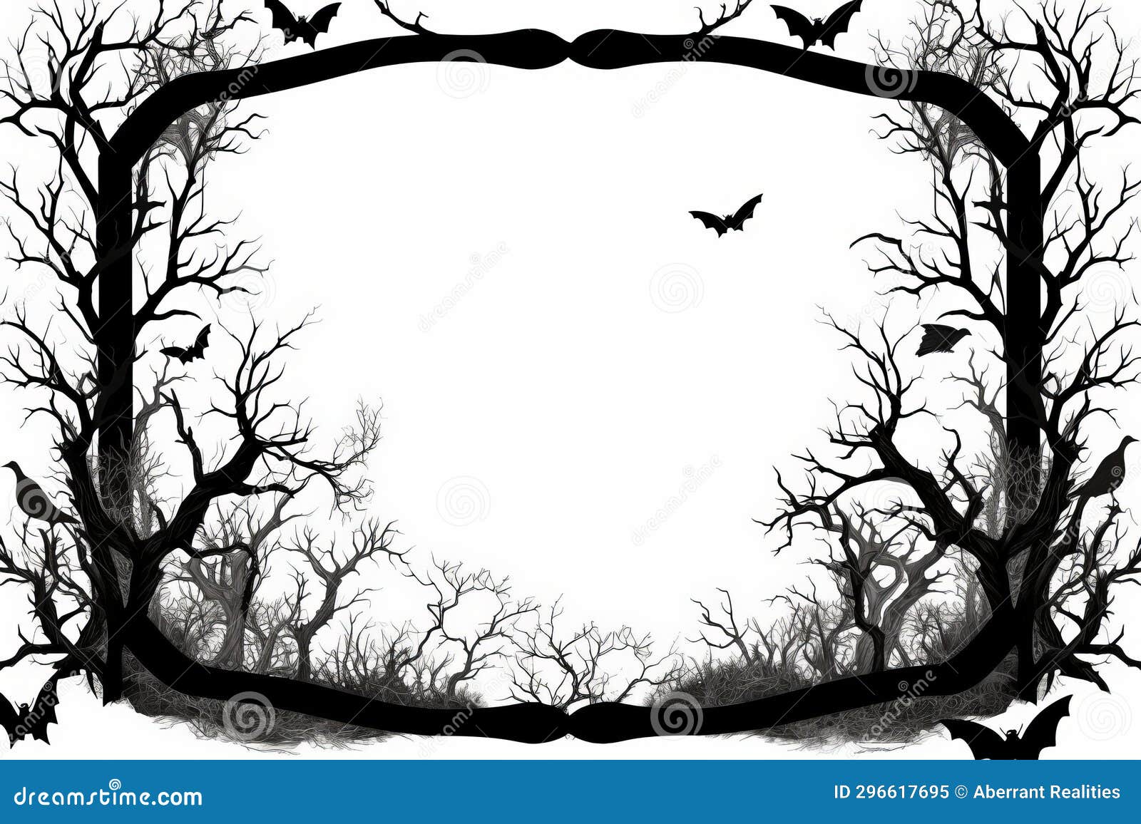 A Black and White Drawing of a Halloween Frame with Bats and Trees ...