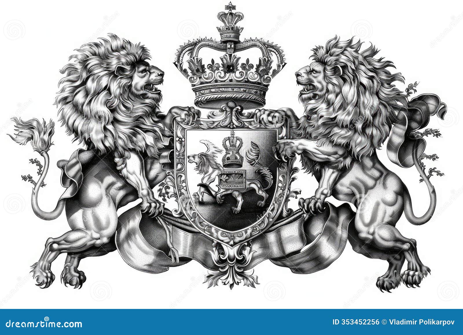 Black and White Drawing of Majestic Lions with Shield, Suitable for ...