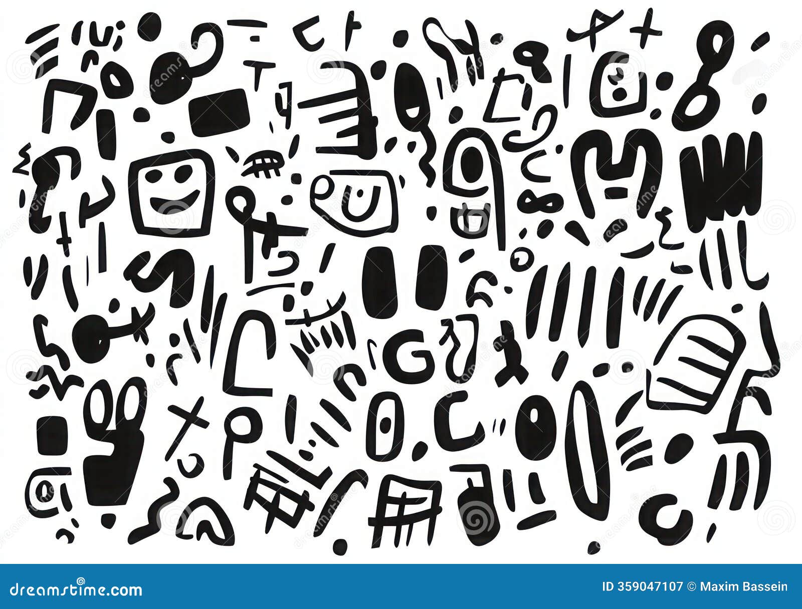 A Black and White Drawing of Many Different Shapes and Letters Stock ...