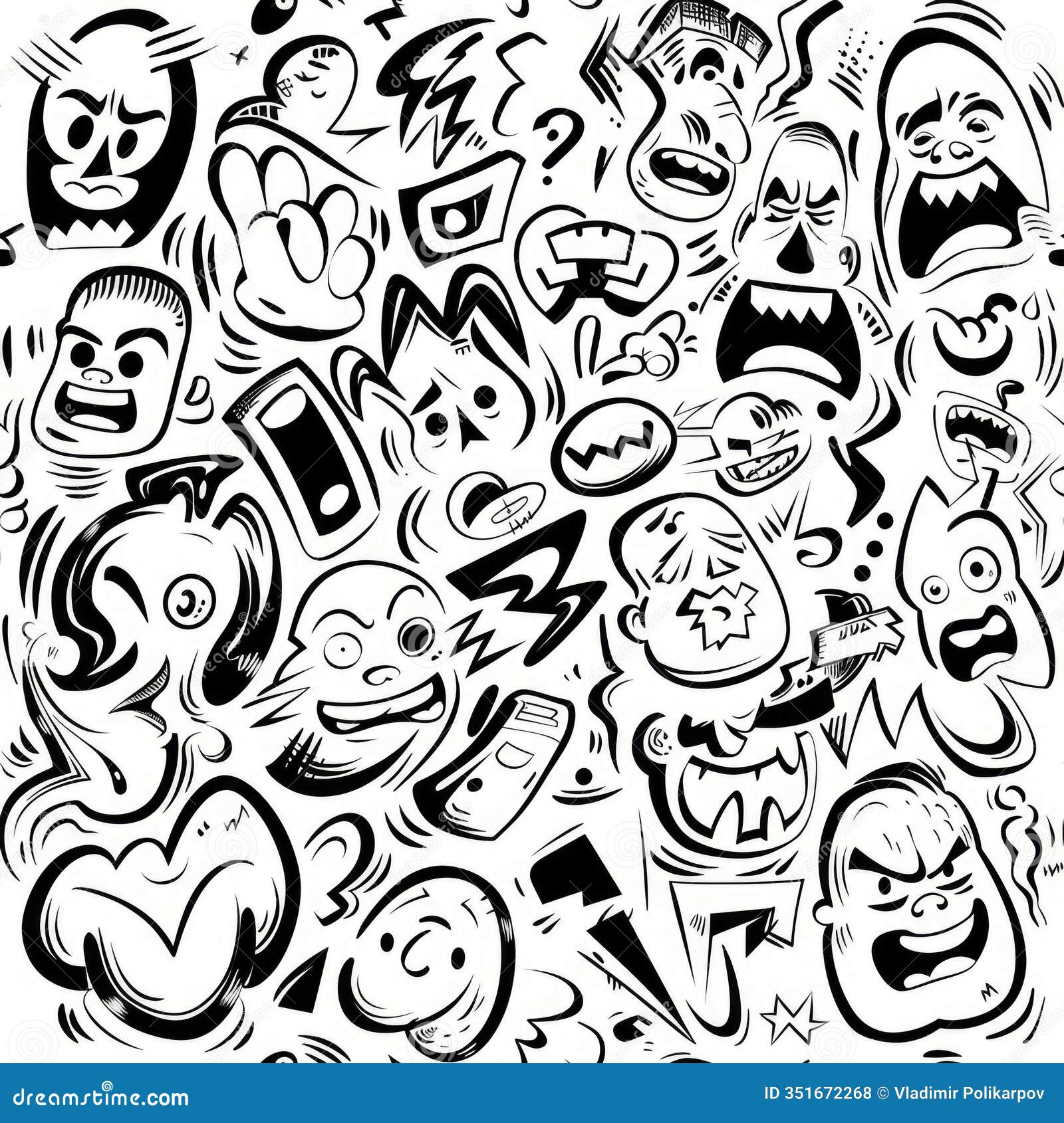 A Black and White Drawing of Multiple Cartoon Faces. Suitable for ...