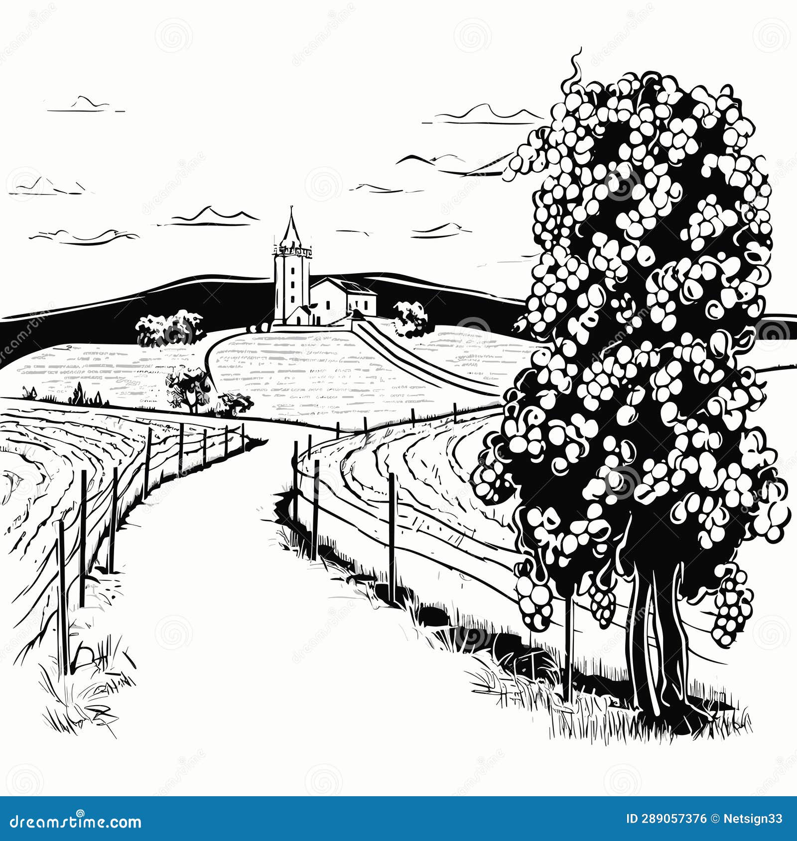 A Black and White Drawing of a Path through the Countryside with a ...