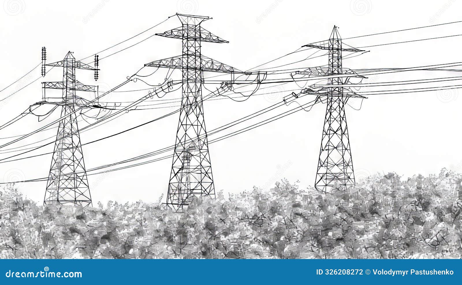 A Black and White Drawing of Power Lines Stock Photo - Image of rural ...