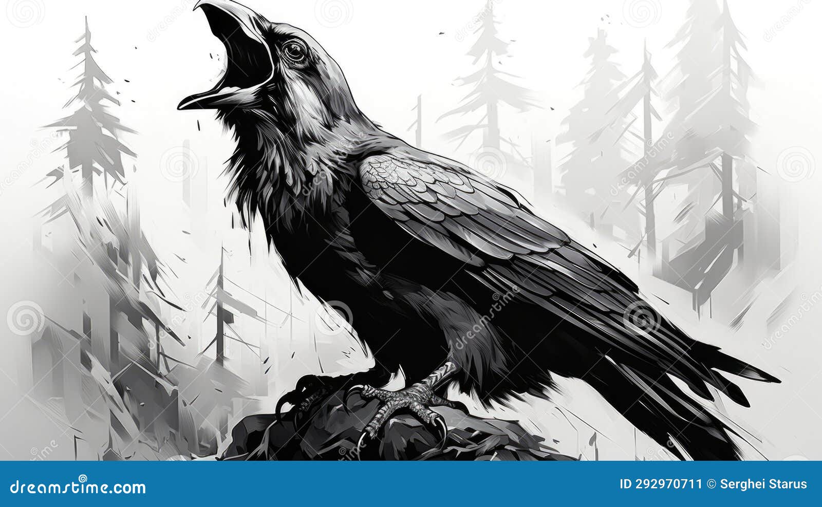 A Black and White Drawing of a Raven on a Rock, AI Stock Illustration ...