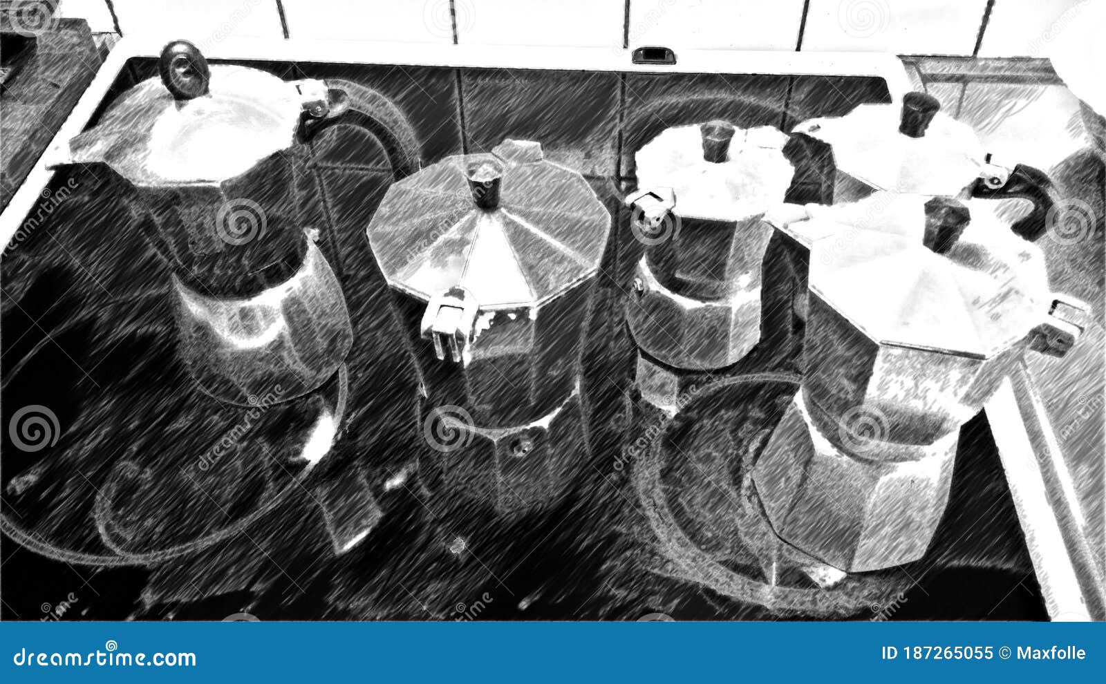 Black and White Drawing Representing Mocha Coffee Machines of Different ...