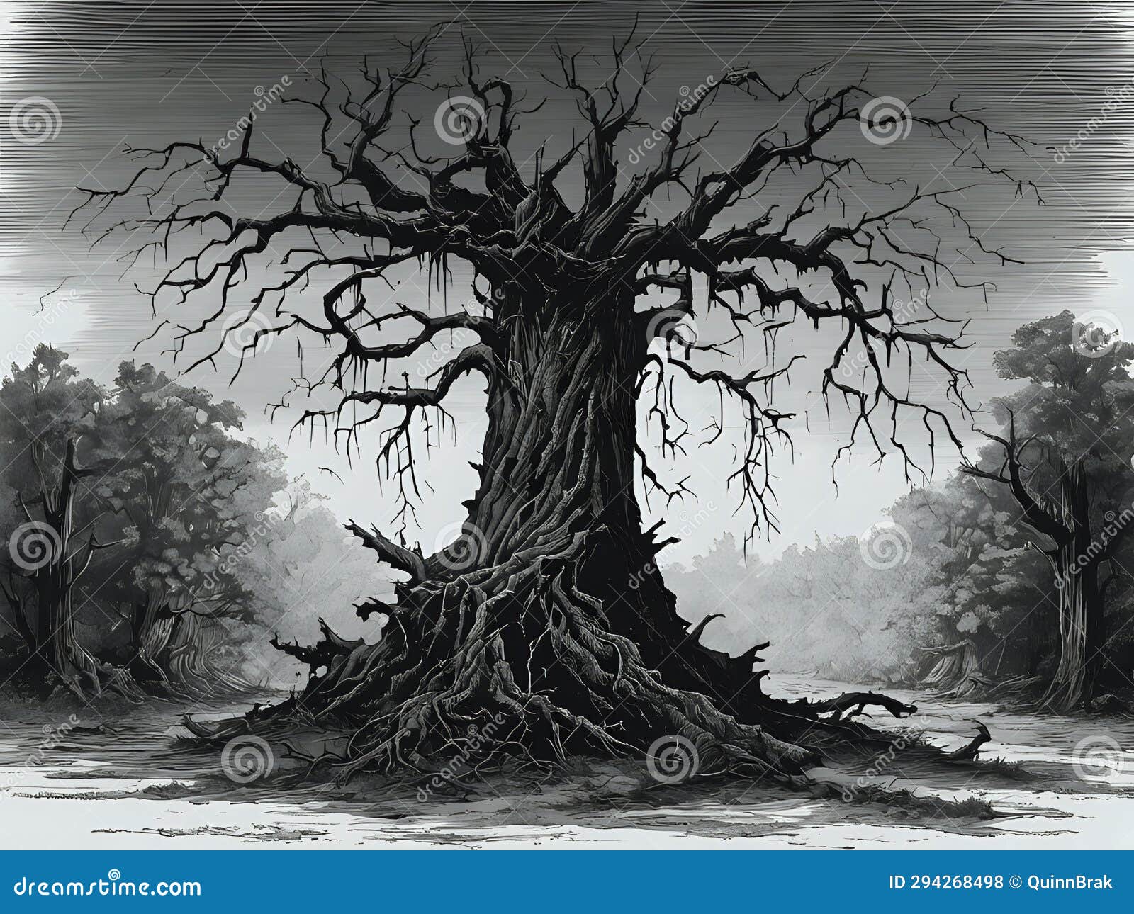 Black and White Drawing of Scary Tree Stock Illustration - Illustration ...