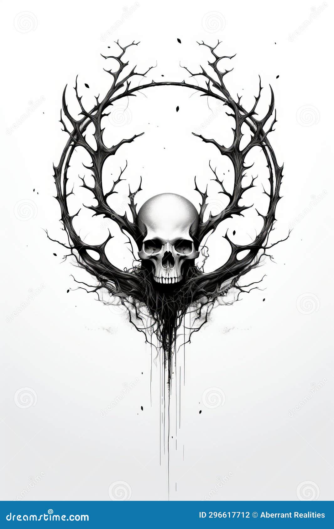 A Black and White Drawing of a Skull with a Tree in Front of it Stock ...