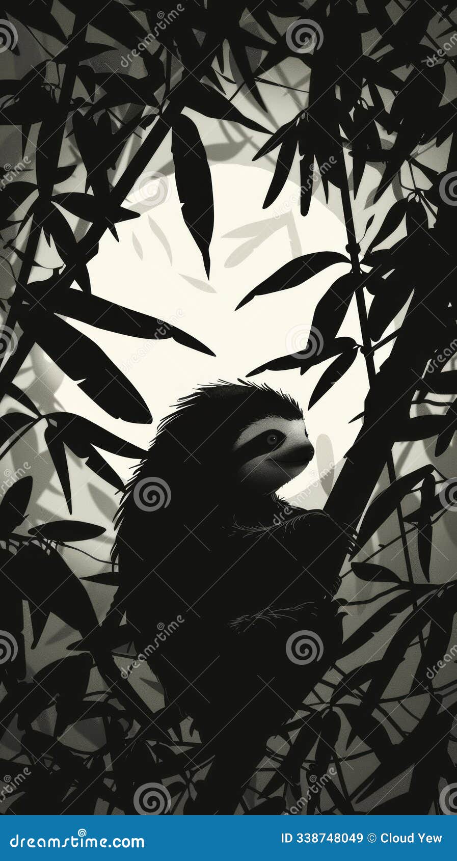 A Black and White Drawing of a Sloth Hanging from a Tree Stock ...