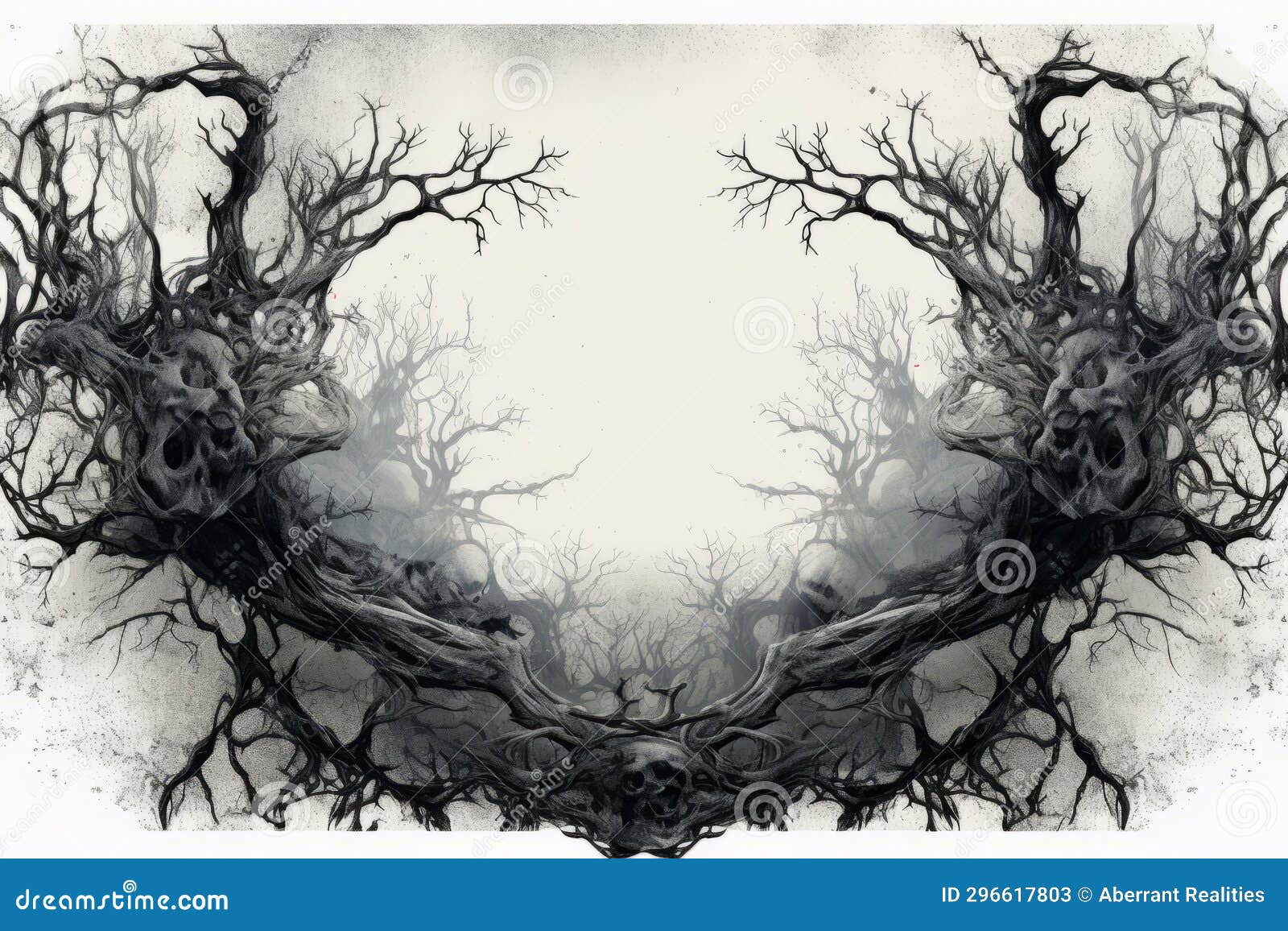 A Black and White Drawing of Trees and Skulls Stock Illustration ...