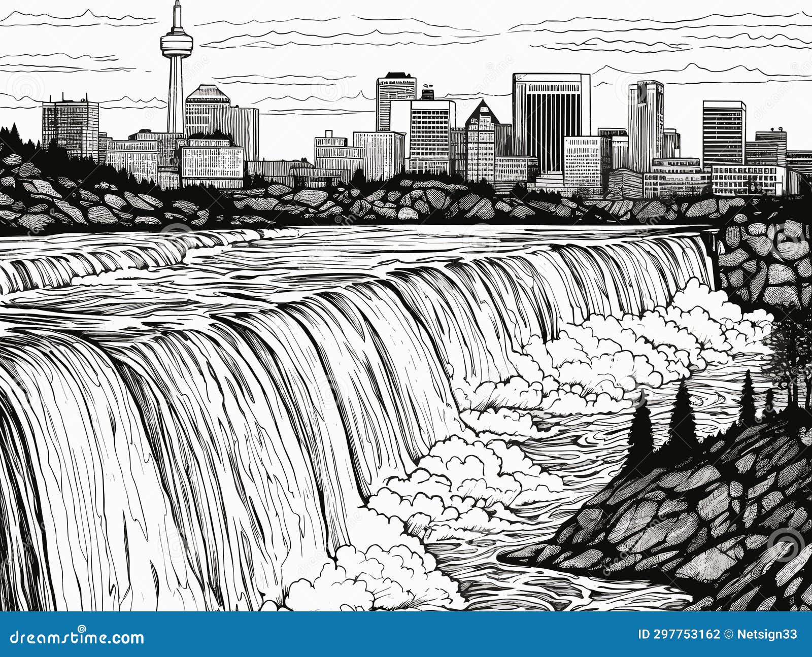 A Black and White Drawing of a Waterfall and a City - Niagara Falls ... A Black and White Drawing of a Waterfall and a City - Niagara Falls ...