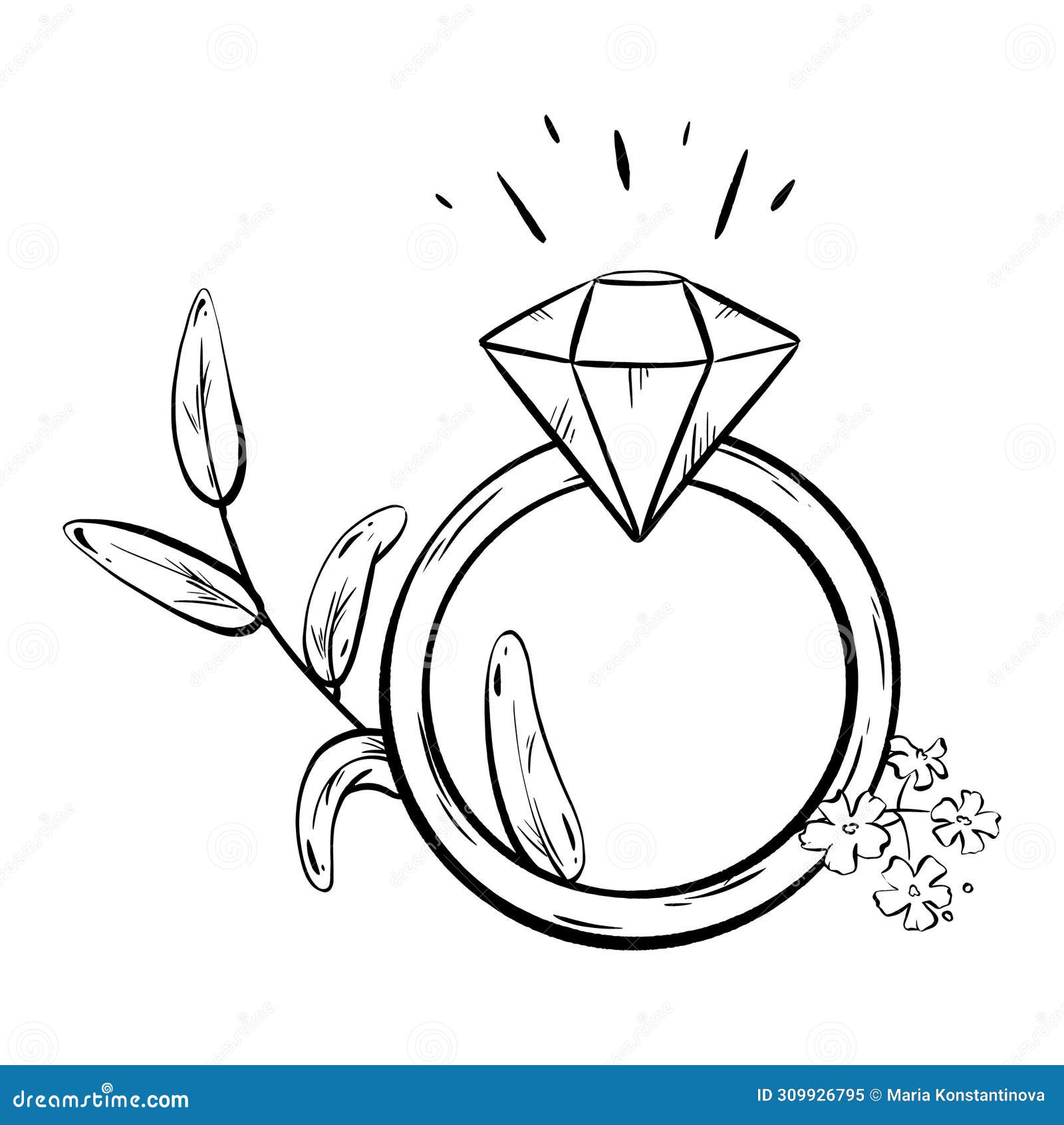 A Black and White Drawing of a Wedding Ring with a Diamond in it Stock ...