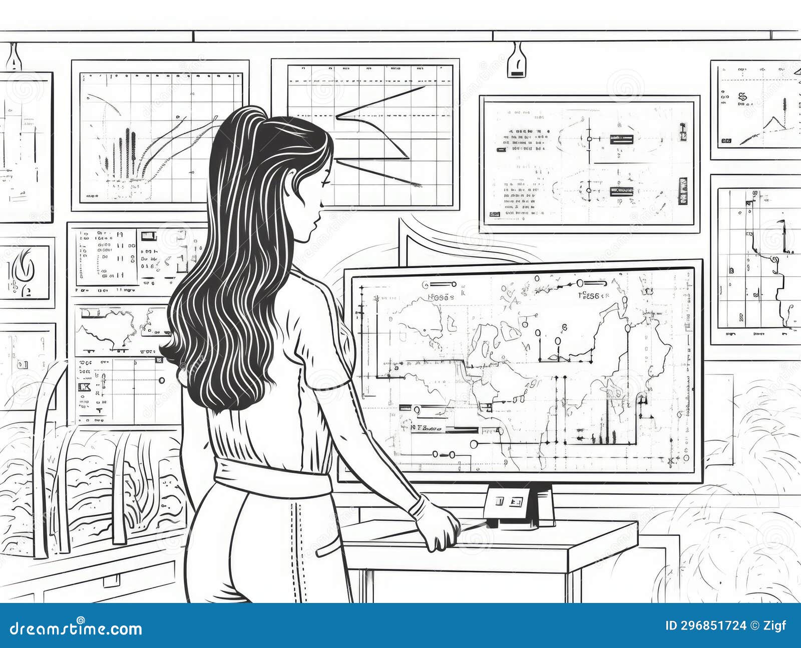 Black and White Drawing of a Woman Looking at a Computer Screen Stock ...