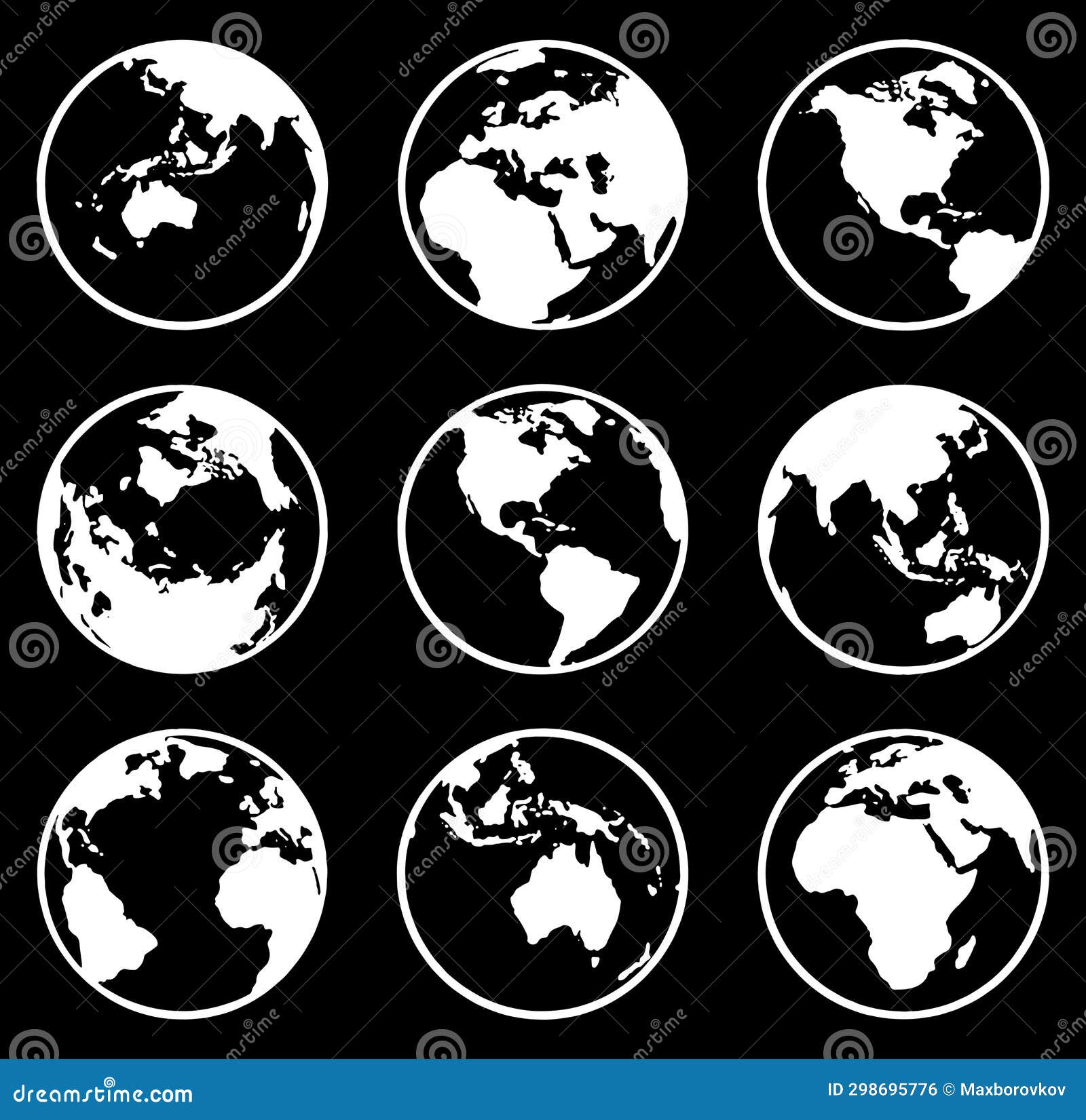 Black and White Earth Globe Set. Wrapped World Map in Round Shape Stock ...