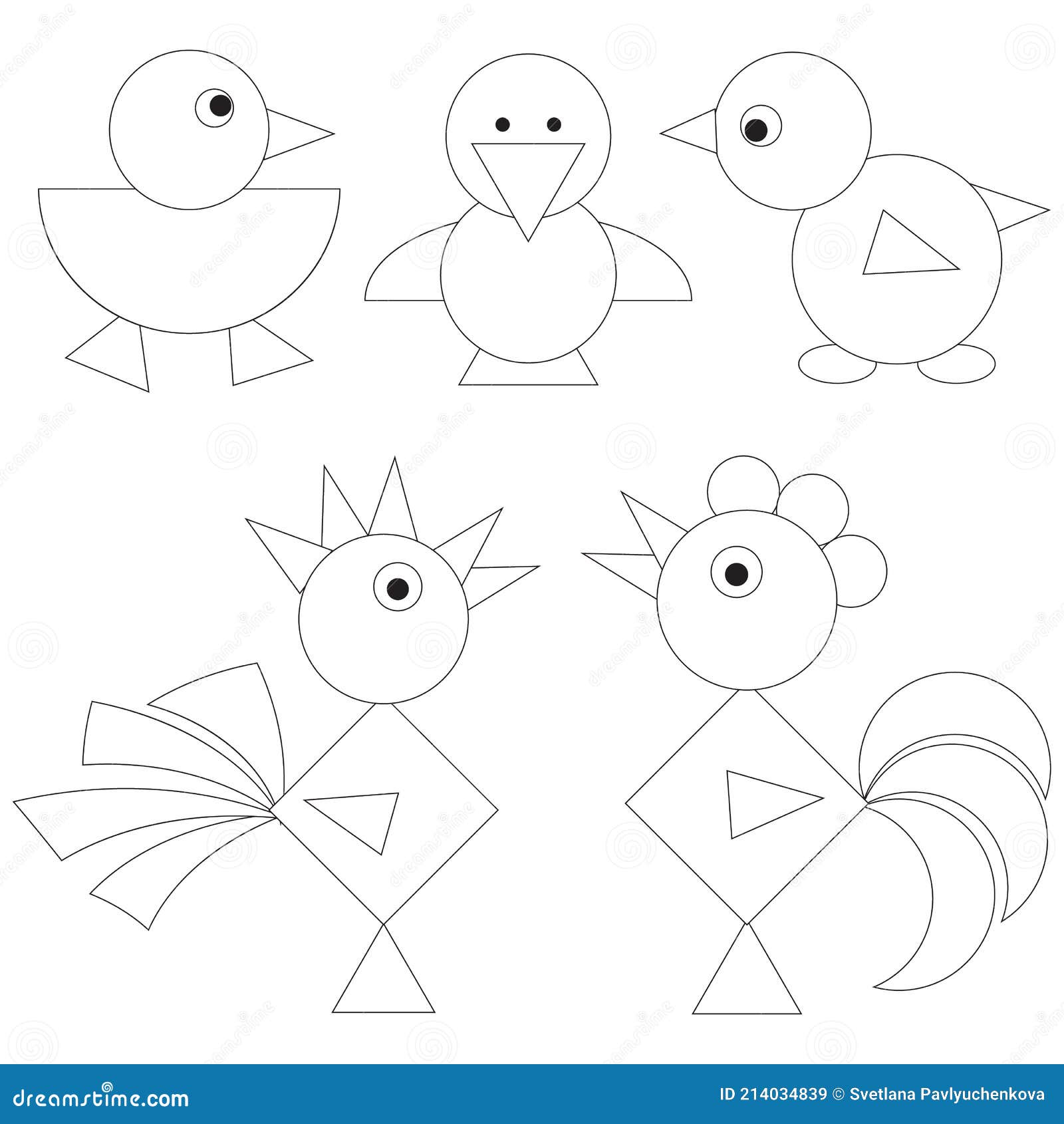 Black White Easter Chickens From Geometric Shapes For Coloring. Cartoon ...