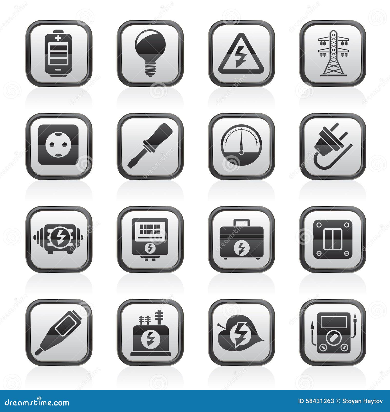 Black and White Electricity, Power and Energy Icons Stock Vector ...