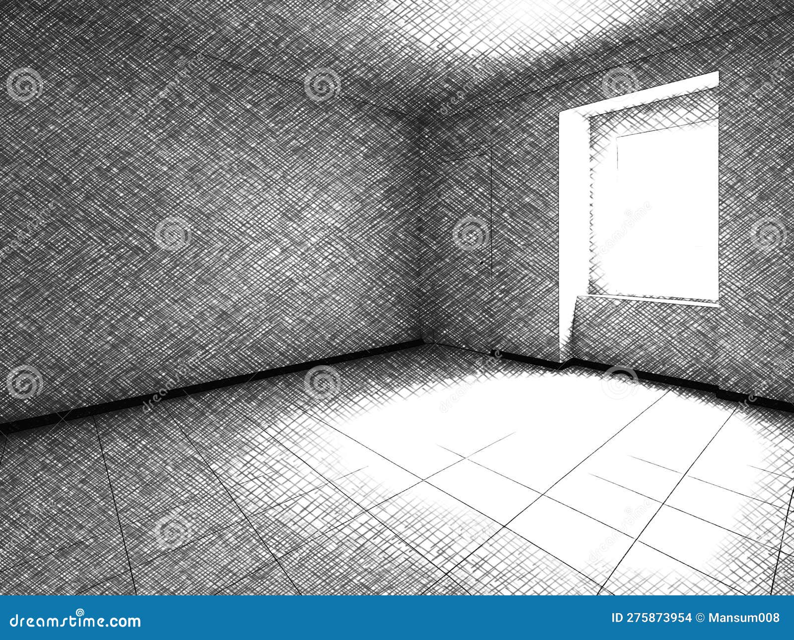 Black and White of Empty Interior with Window, Illustration Stock Photo ...