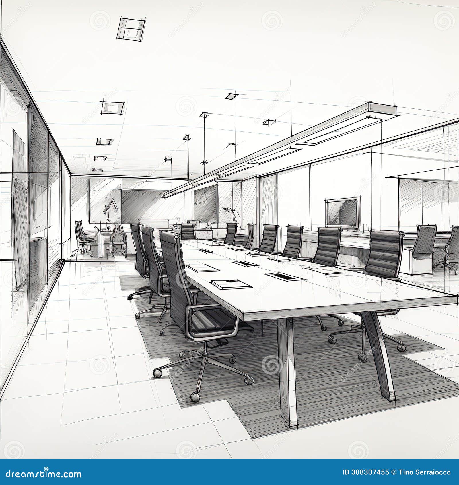 A Black and White Drawing of a Conference Room with a Long Table and ...