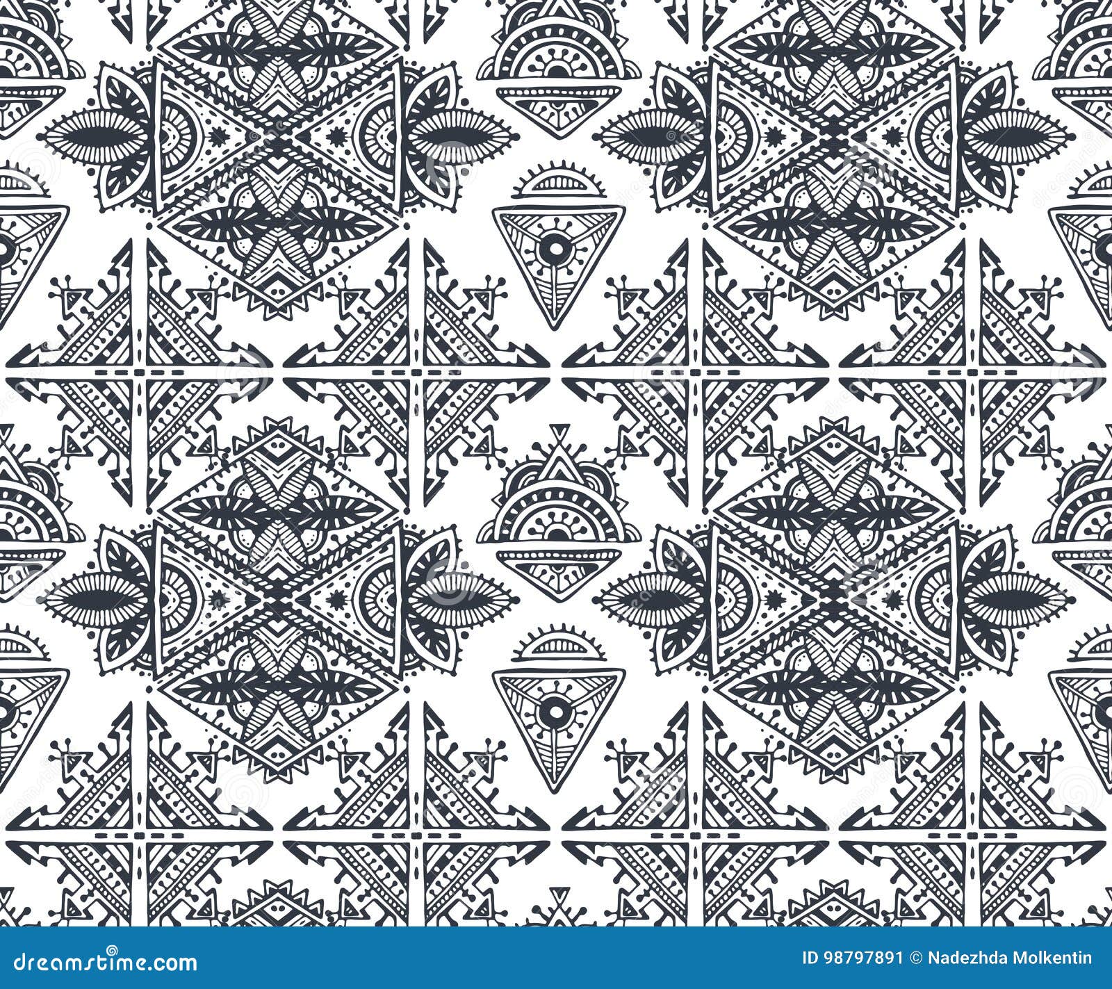 Black and White Ethnic Seamless Pattern with Hand Drawn Elements Stock ...