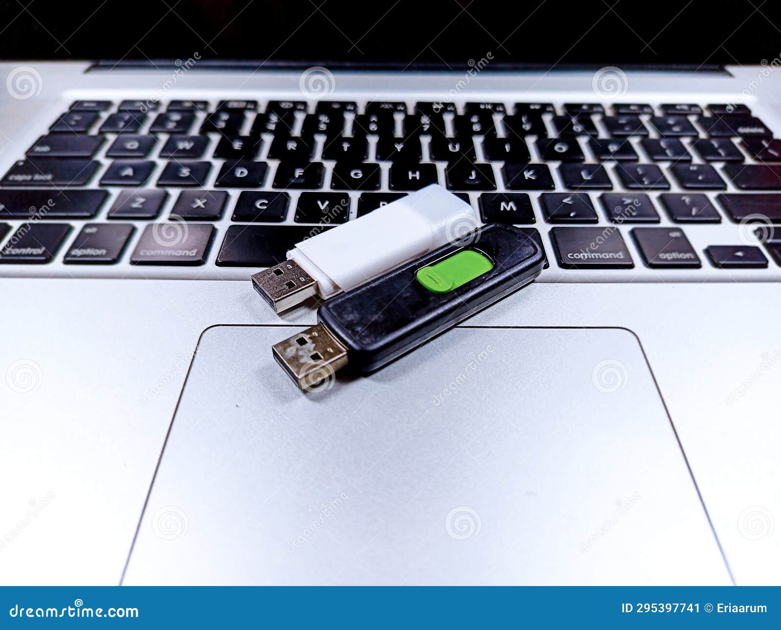 Flash drives on a laptop stock image. Image of laptop - 295397741
