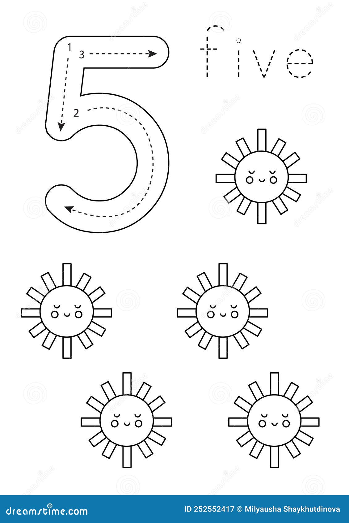 Flashcard Number 5. Preschool Worksheet. Black and White Cute Suns ...