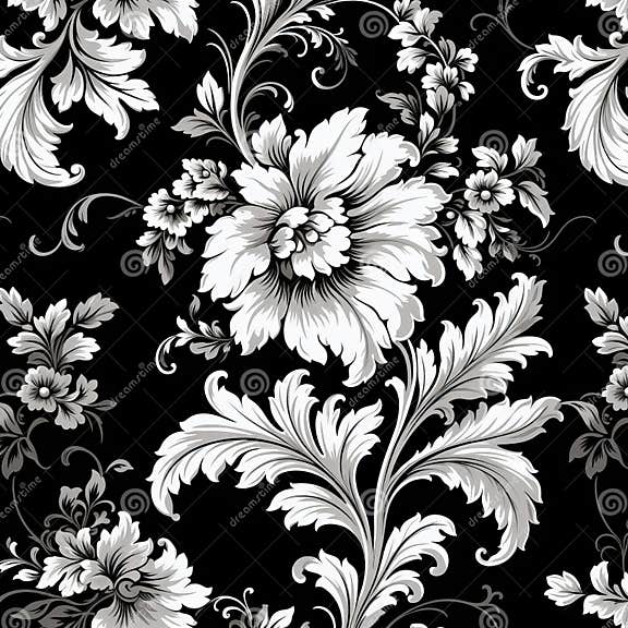 Black and White Floral Brocade: Seamless Vector Pattern with Rococo ...