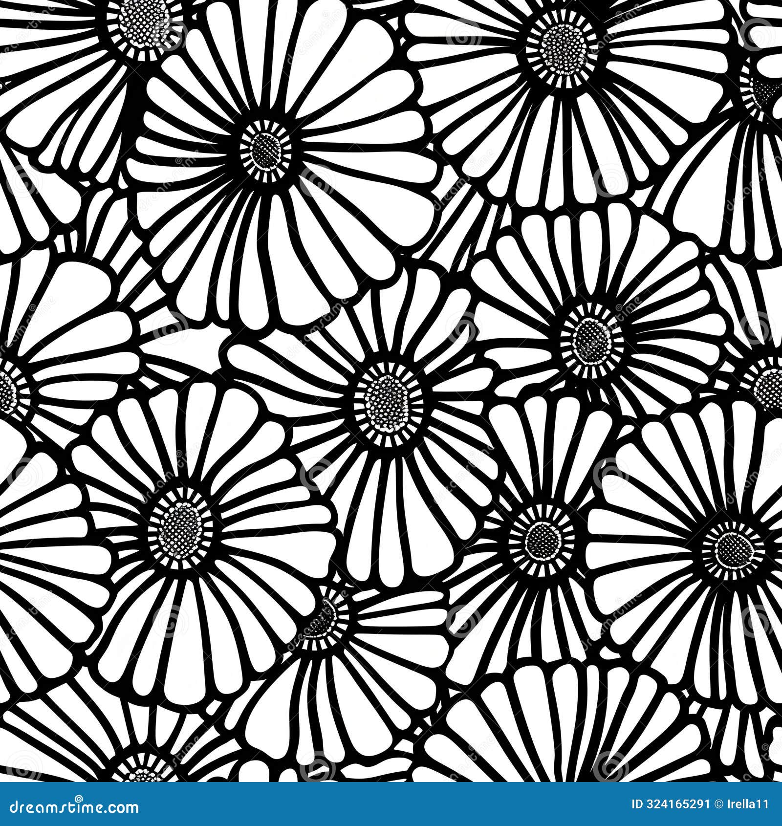 Black and White Floral Doodles Seamless Pattern. Daisy Line Art. Stock ...