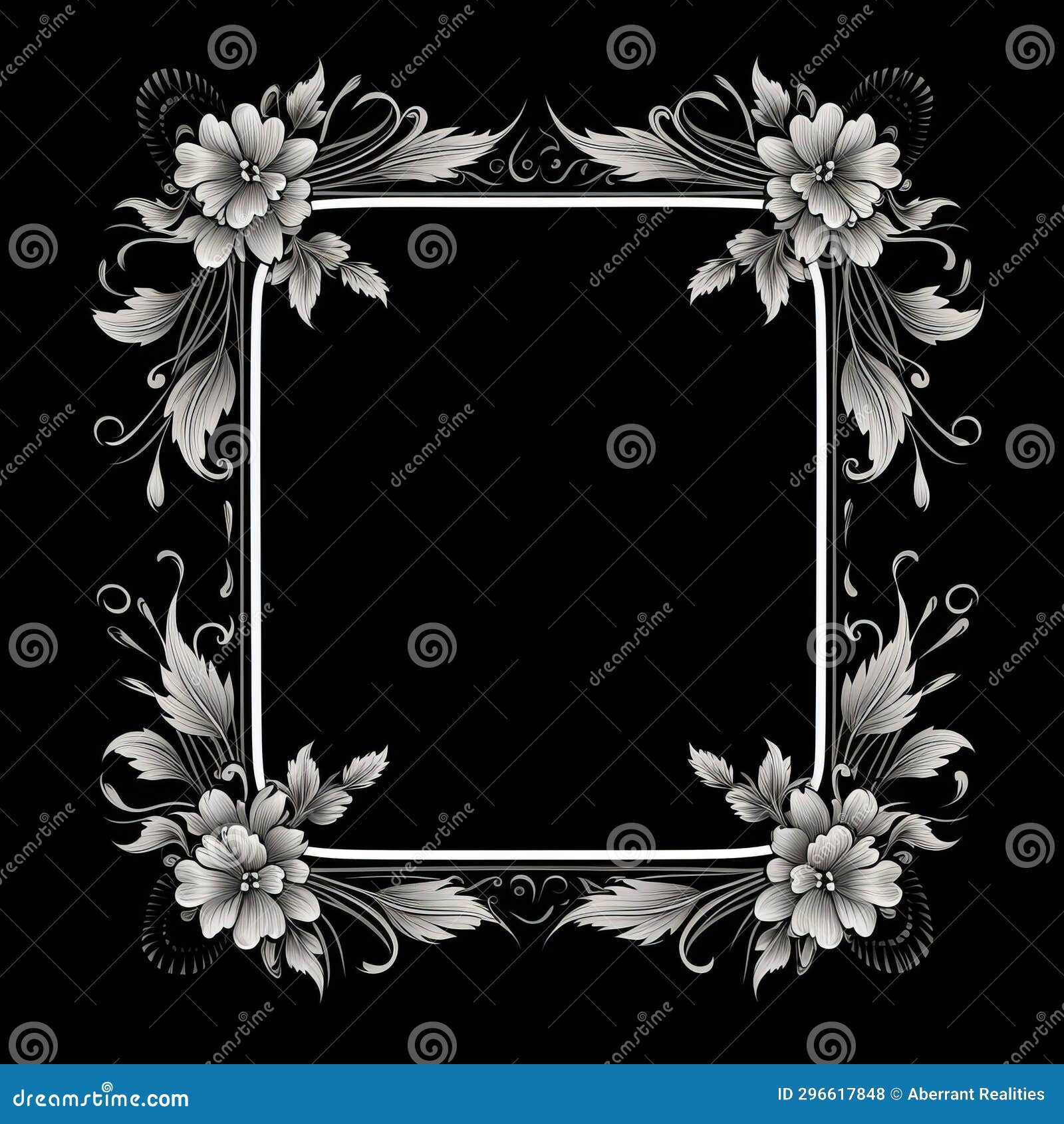 A Black and White Floral Frame on a Black Background Stock Illustration ...