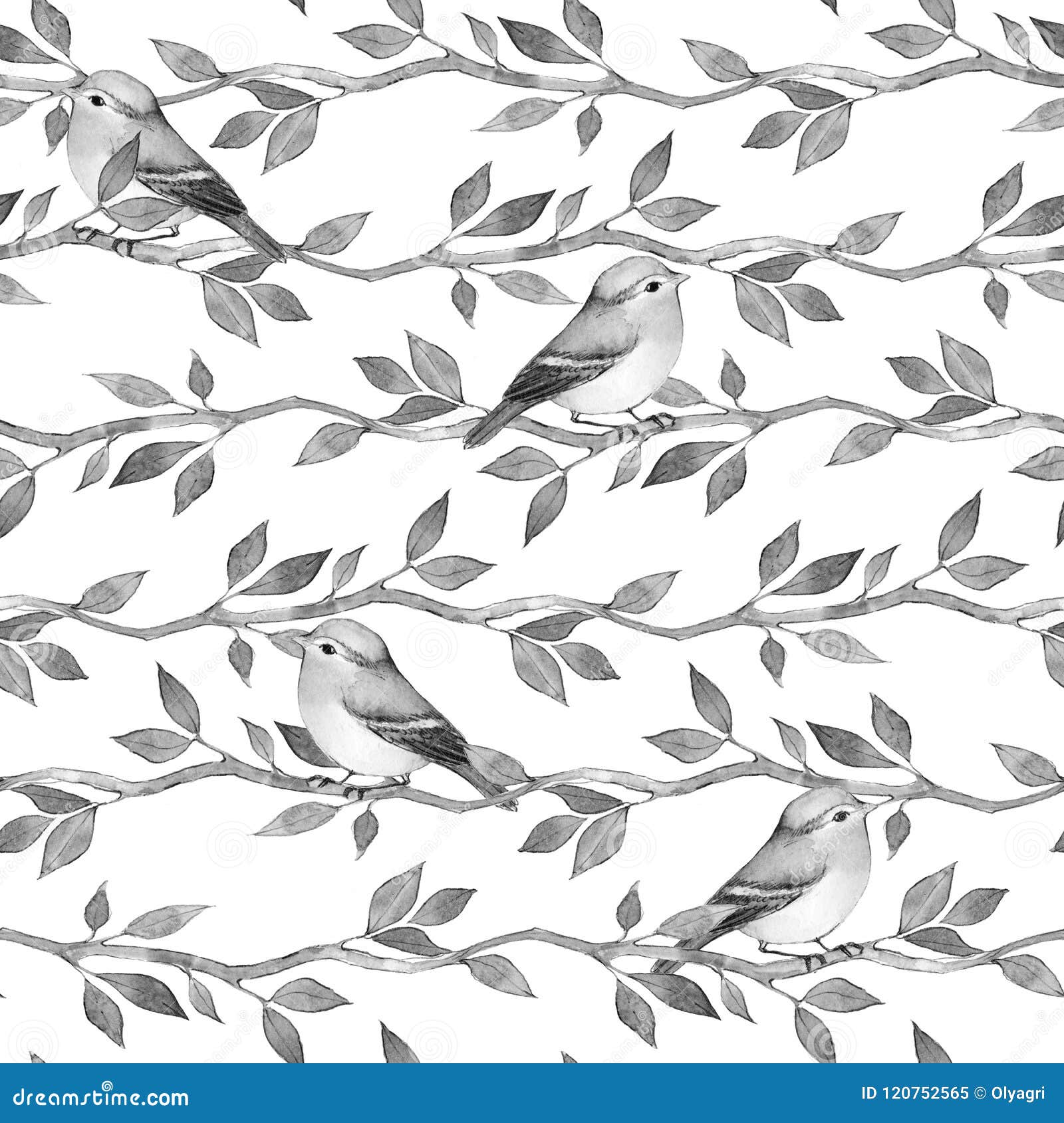 Black and White Floral Pattern with Birds Stock Illustration ...