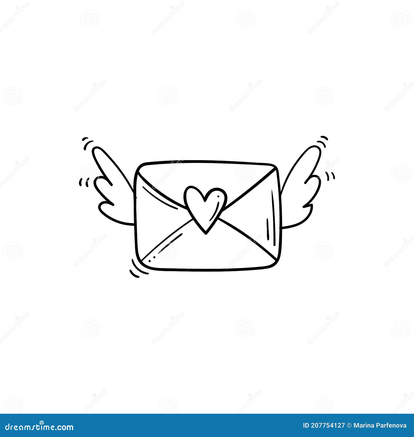 Black and White Flying Envelope with Heart Stamp and Wings in Doodle ...