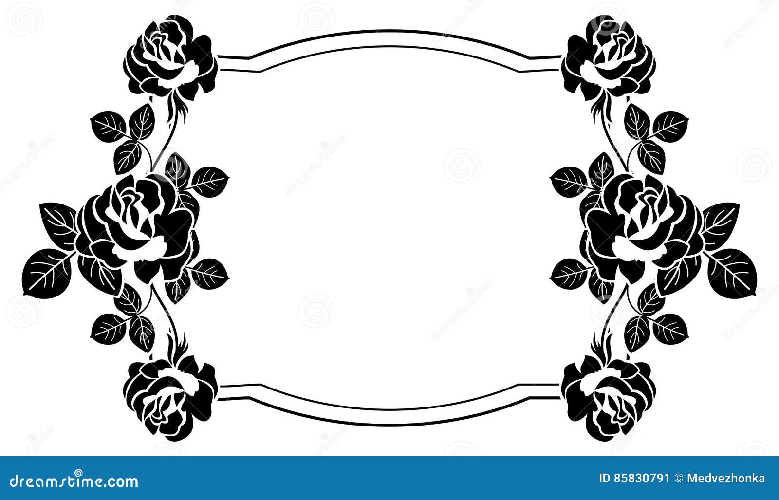 Black and White Frame with Stylized Roses Silhouettes. Raster Cl Stock ...