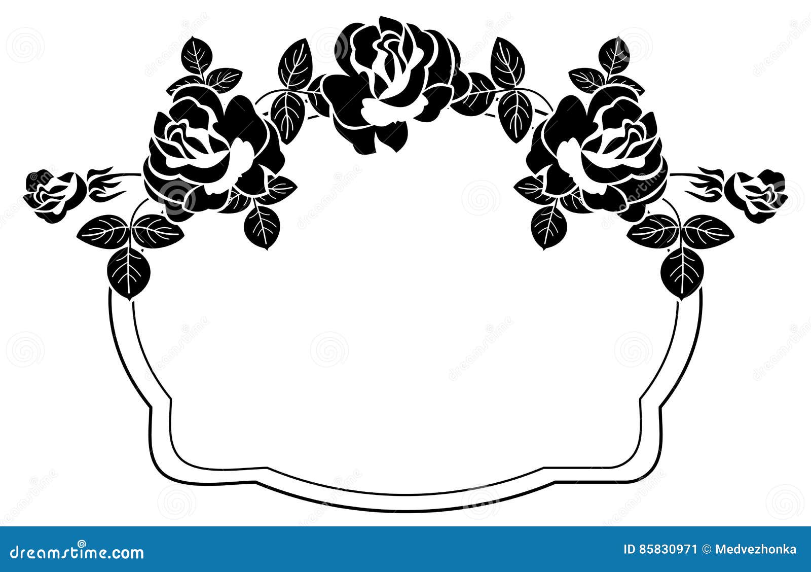 Black and White Frame with Stylized Roses Silhouettes. Raster Cl Stock ...