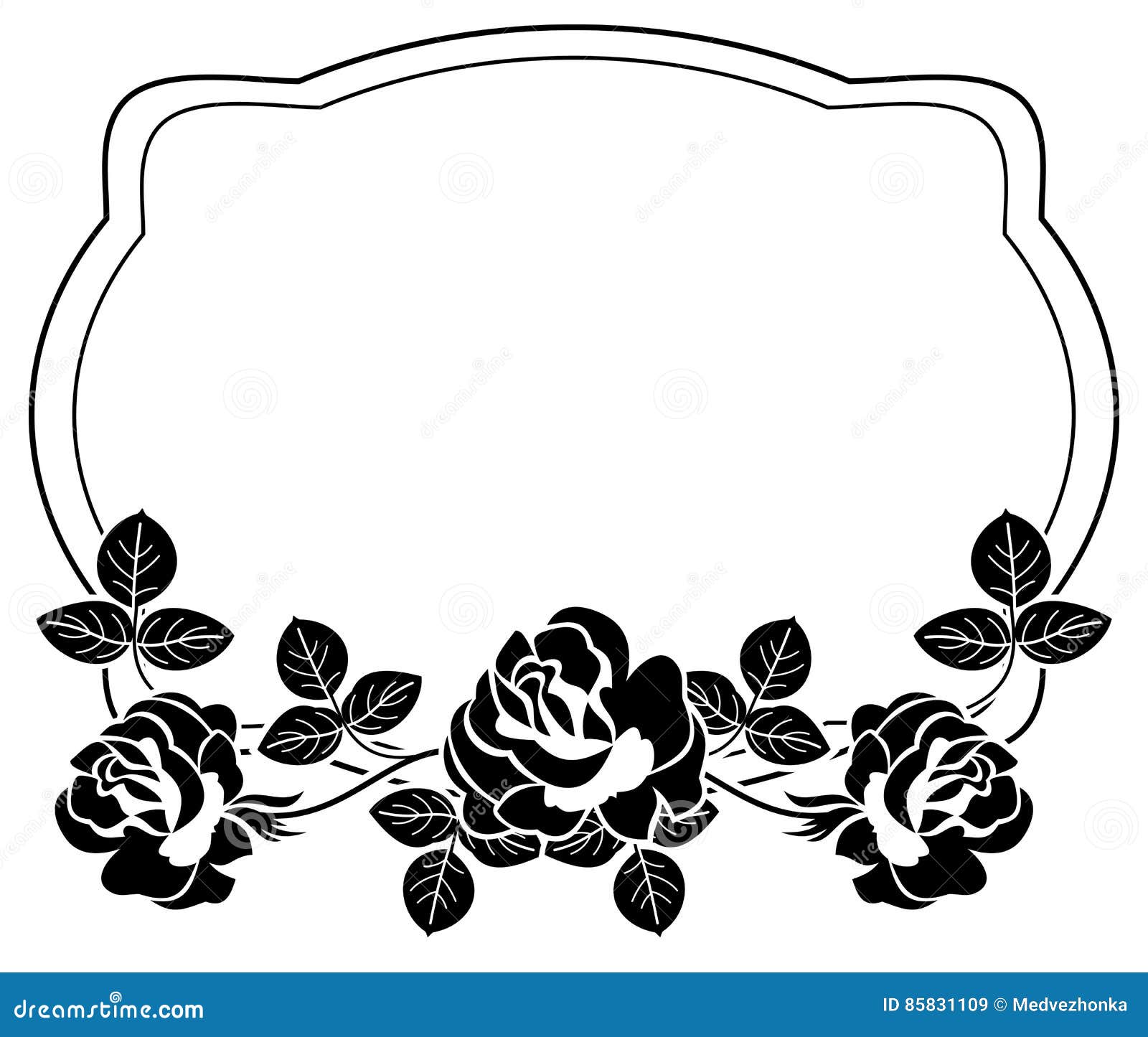 Black and White Frame with Stylized Roses Silhouettes. Raster Cl Stock ...