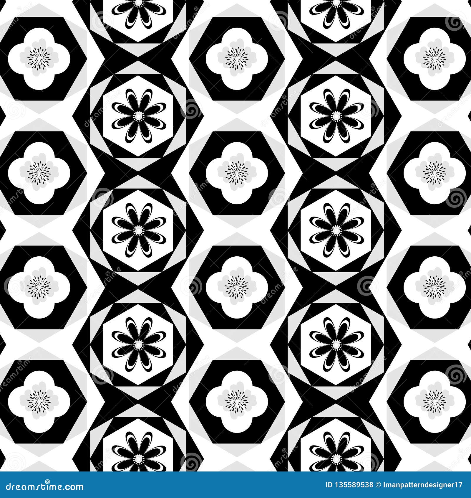 Black and White Floral Decorated Seamless Hexagon Pattern Stock Vector ...