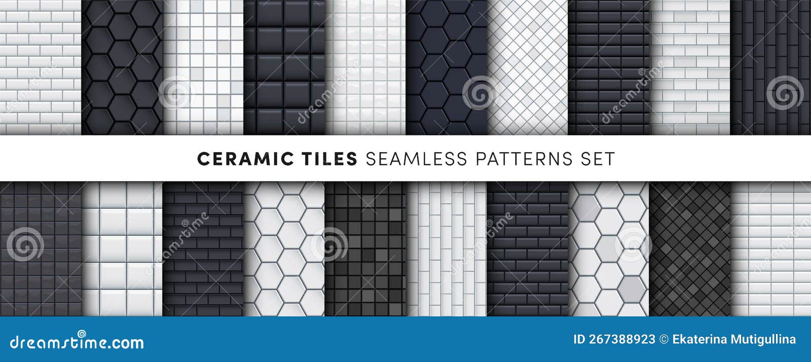 Black and White Glossy Ceramic Tiles Seamless Patterns Set. Modern Home ...