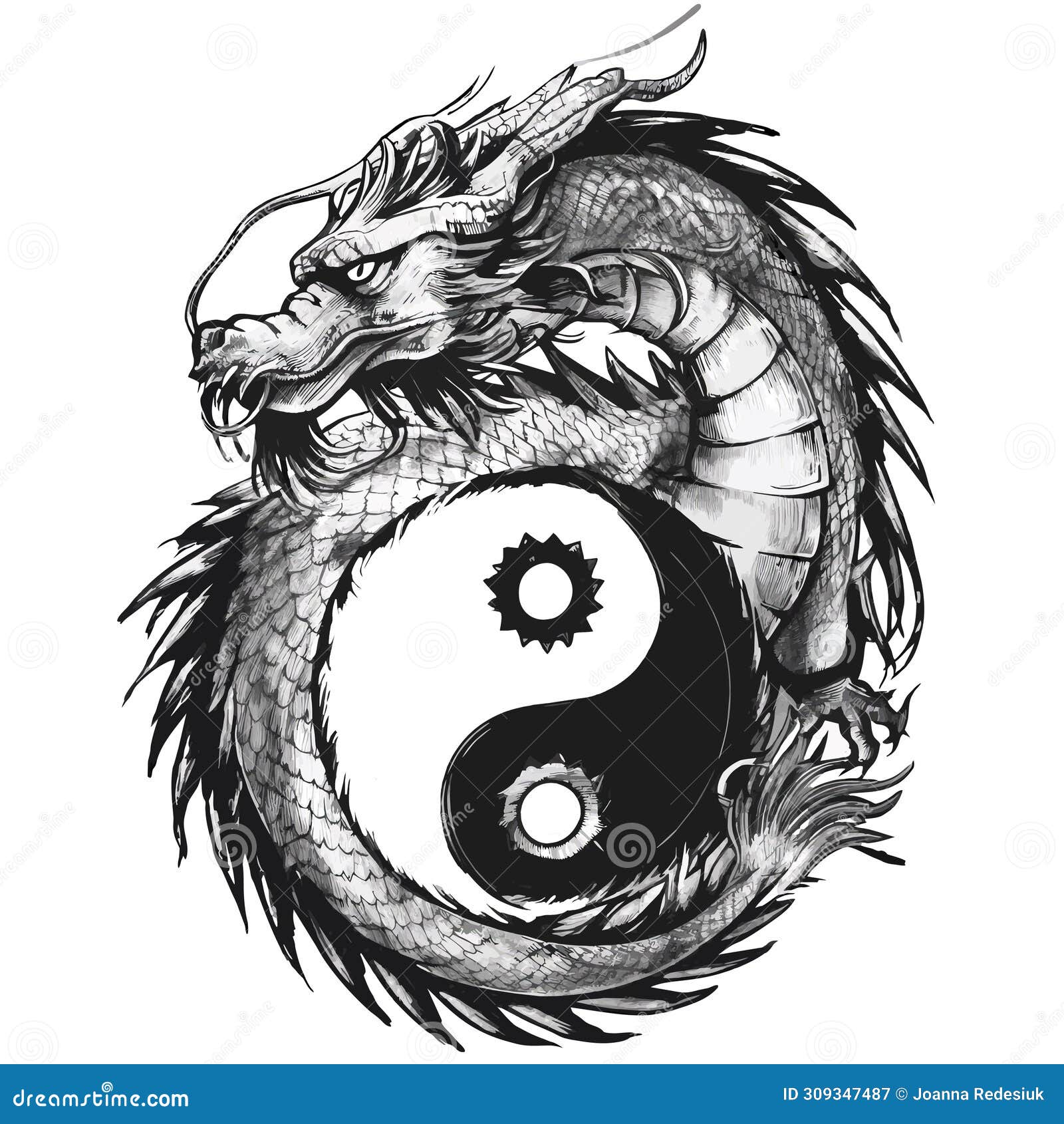 Black and White Graphics of a Dragon Around the Yin Yang Symbol Stock ...