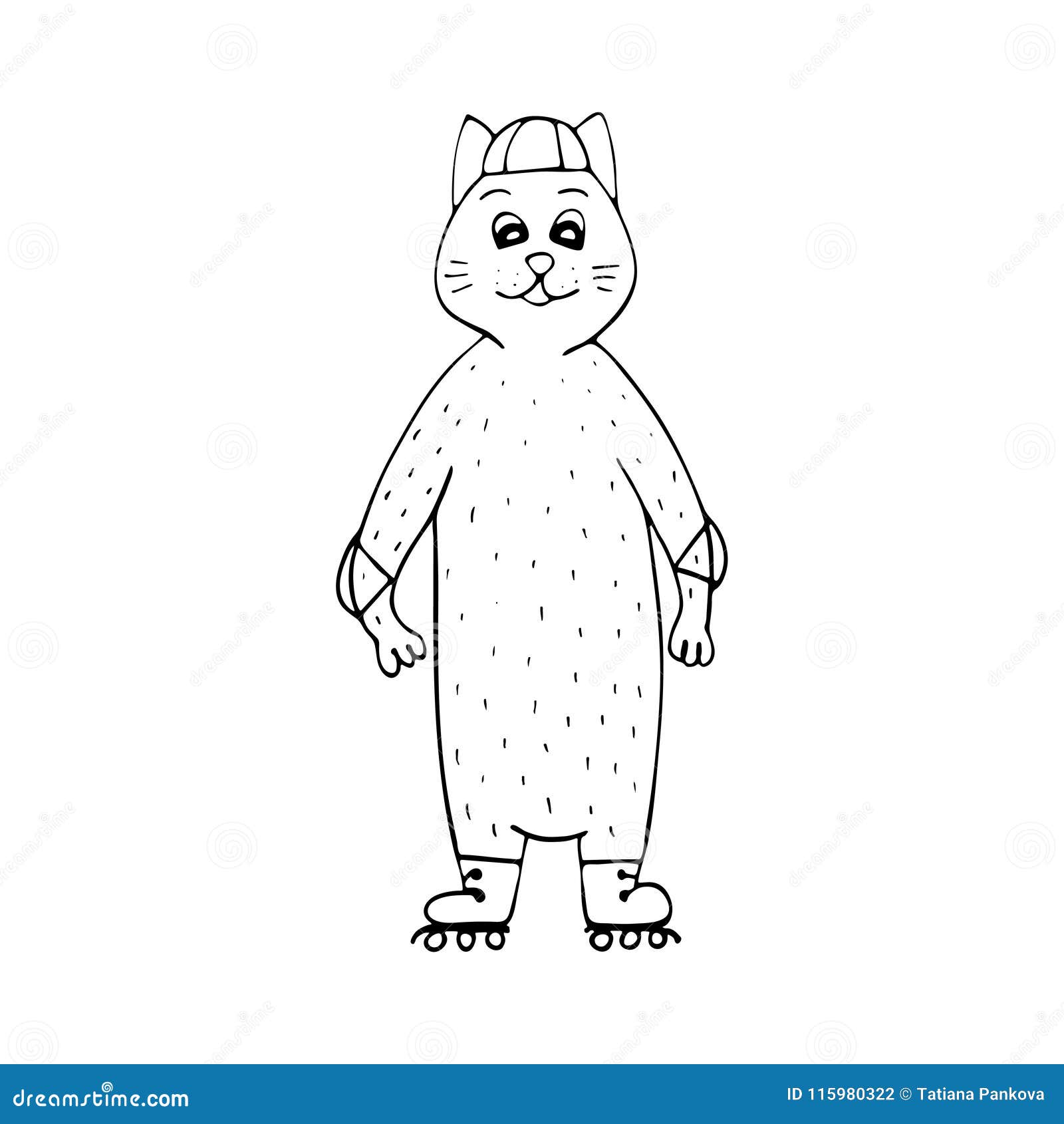 Black-and-white Hand-drawn Cat on Rollers. Stock Vector - Illustration ...