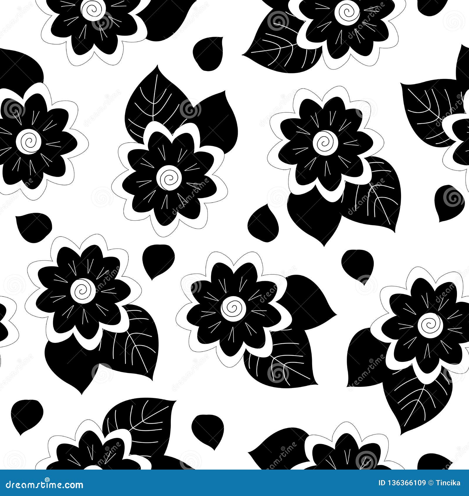 Black and White Hand Drawn Flowers and Leaves, Repeat Seamless Pattern ...