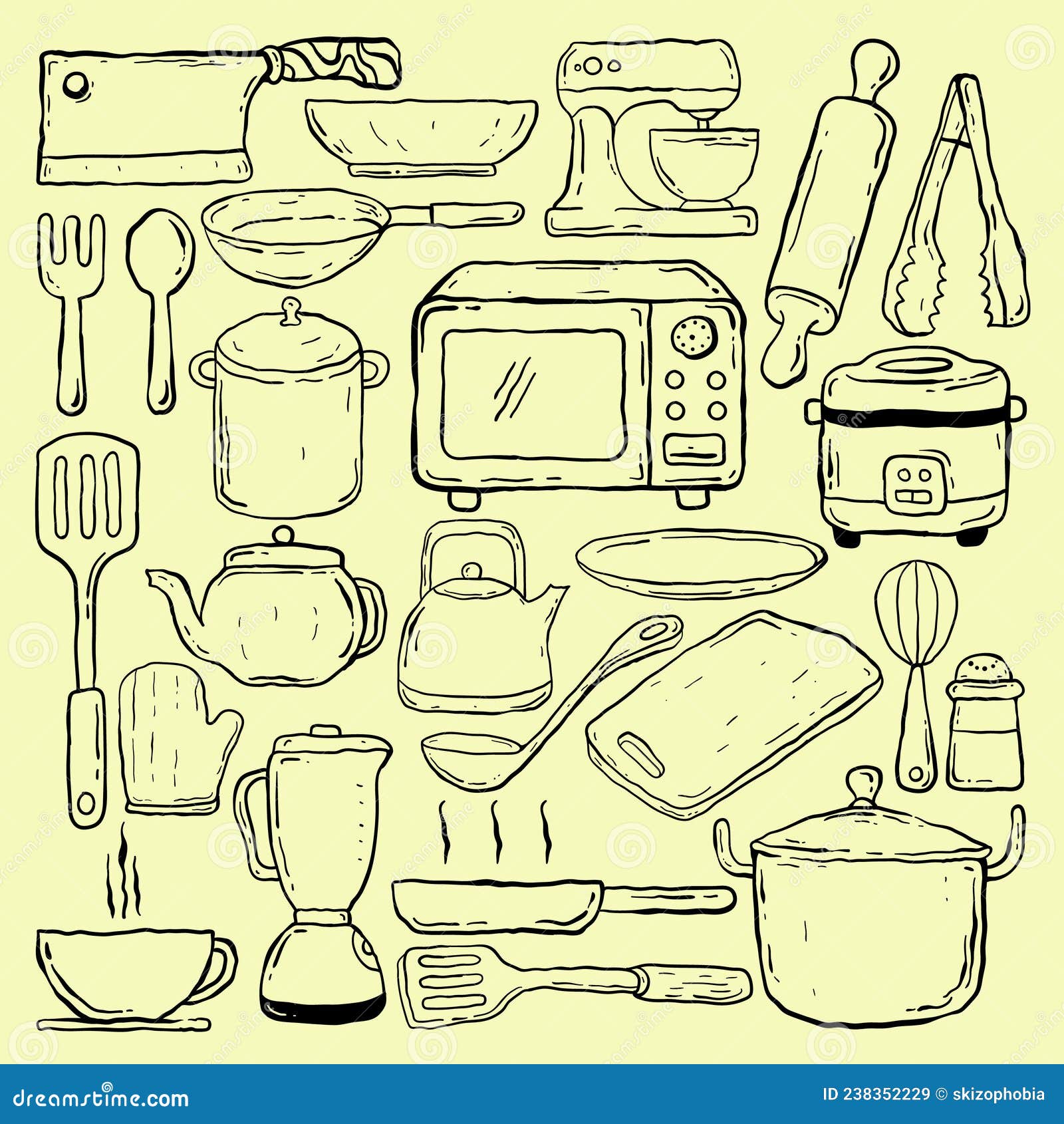 Black and White Hand Drawn Kitchen Utensil Doodle, Premium Vector Stock ...