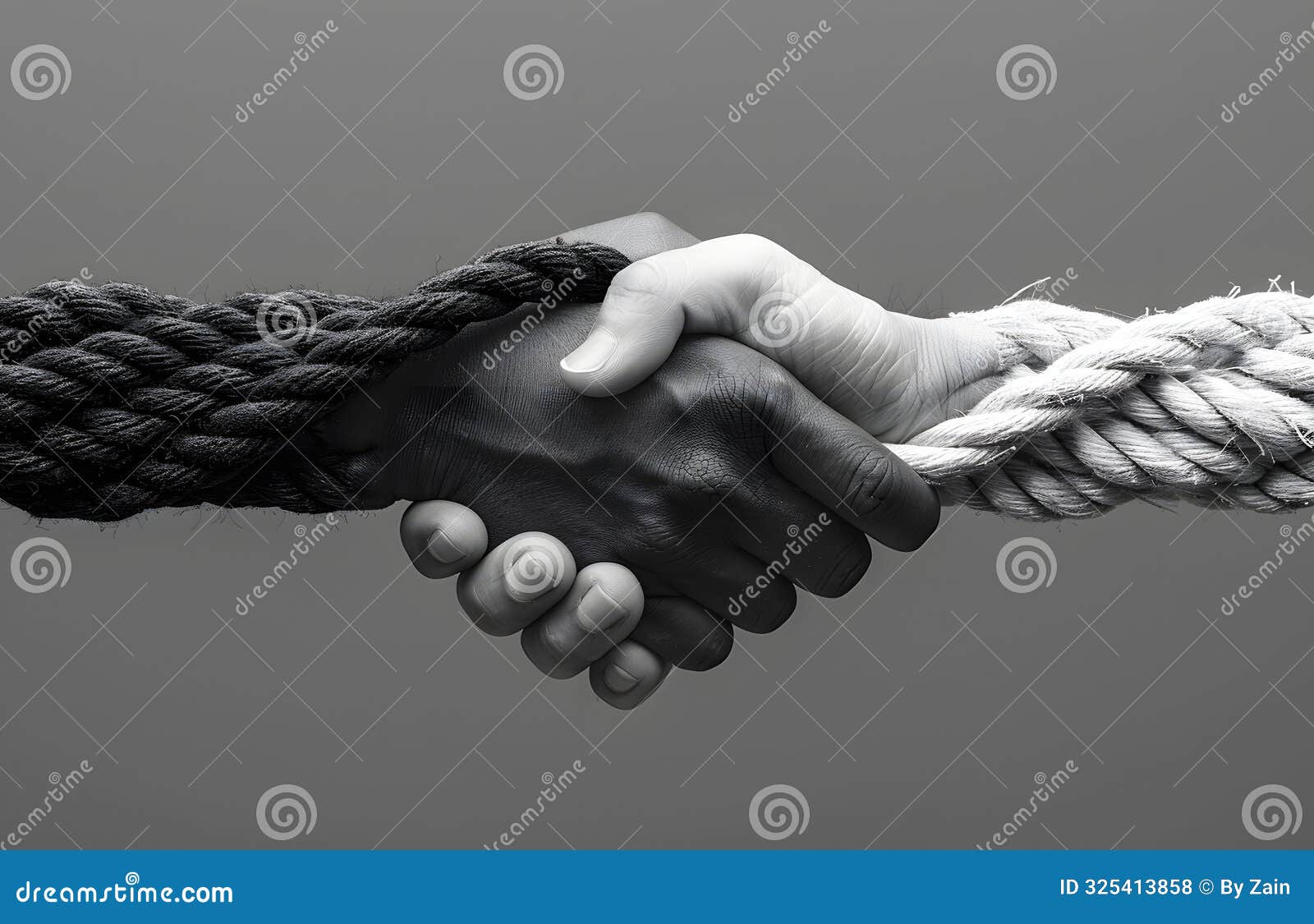 Black and White Hands Shaking with Ropes Unity Cooperation Friendship ...