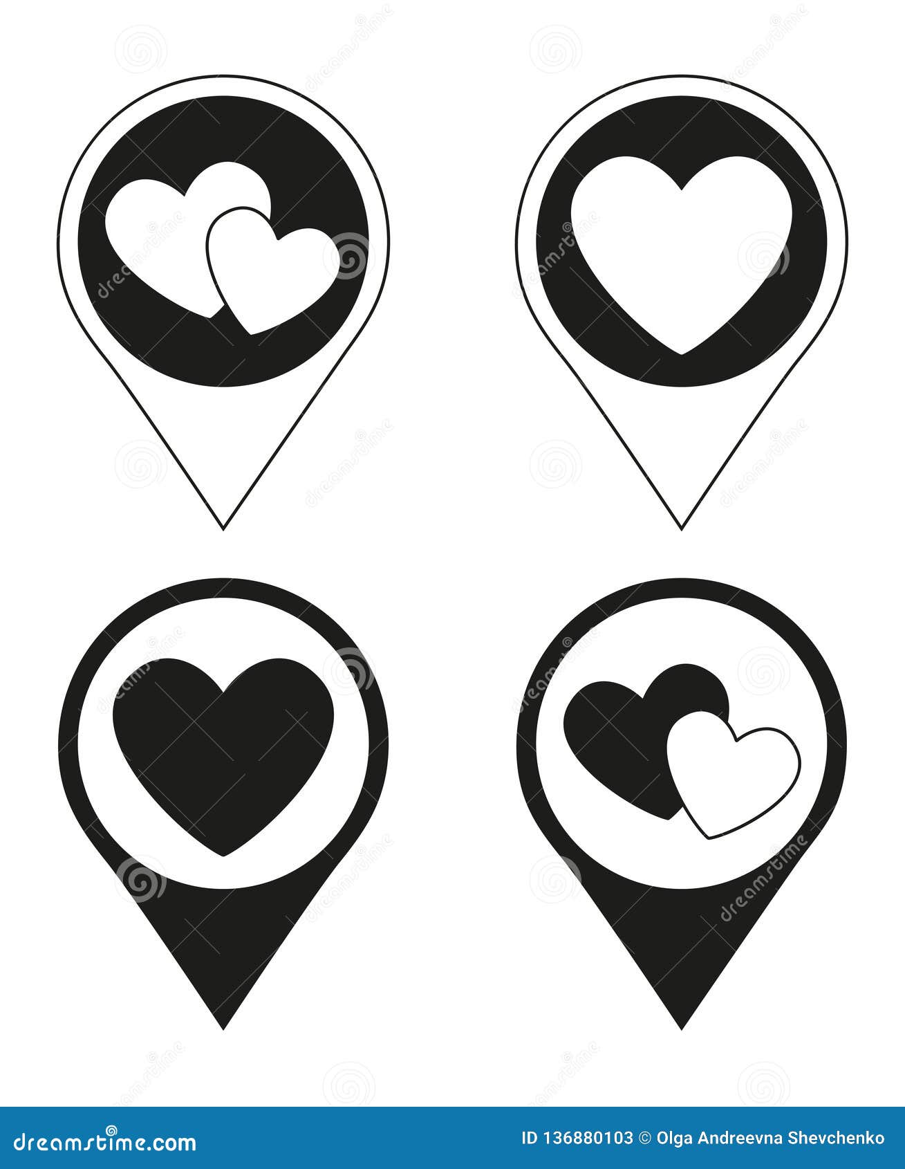 Black and White Heart Map Pointer Set Stock Vector - Illustration of ...