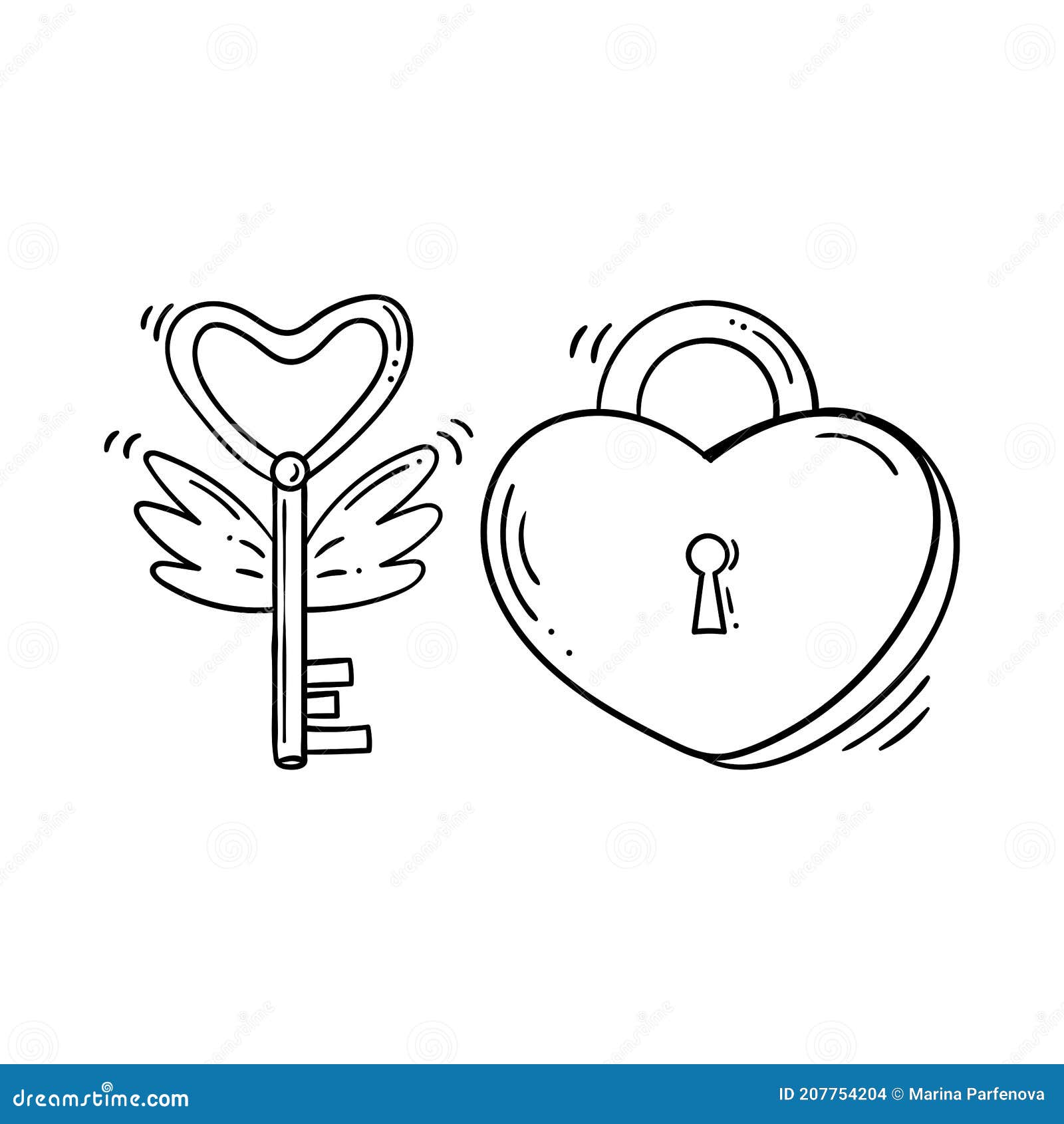 Black and White Heart Shaped Lock with Flying Key with a Wings in ...