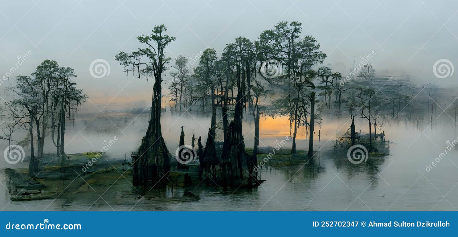 Horror swamp at dawn stock illustration. Illustration of water - 252702347