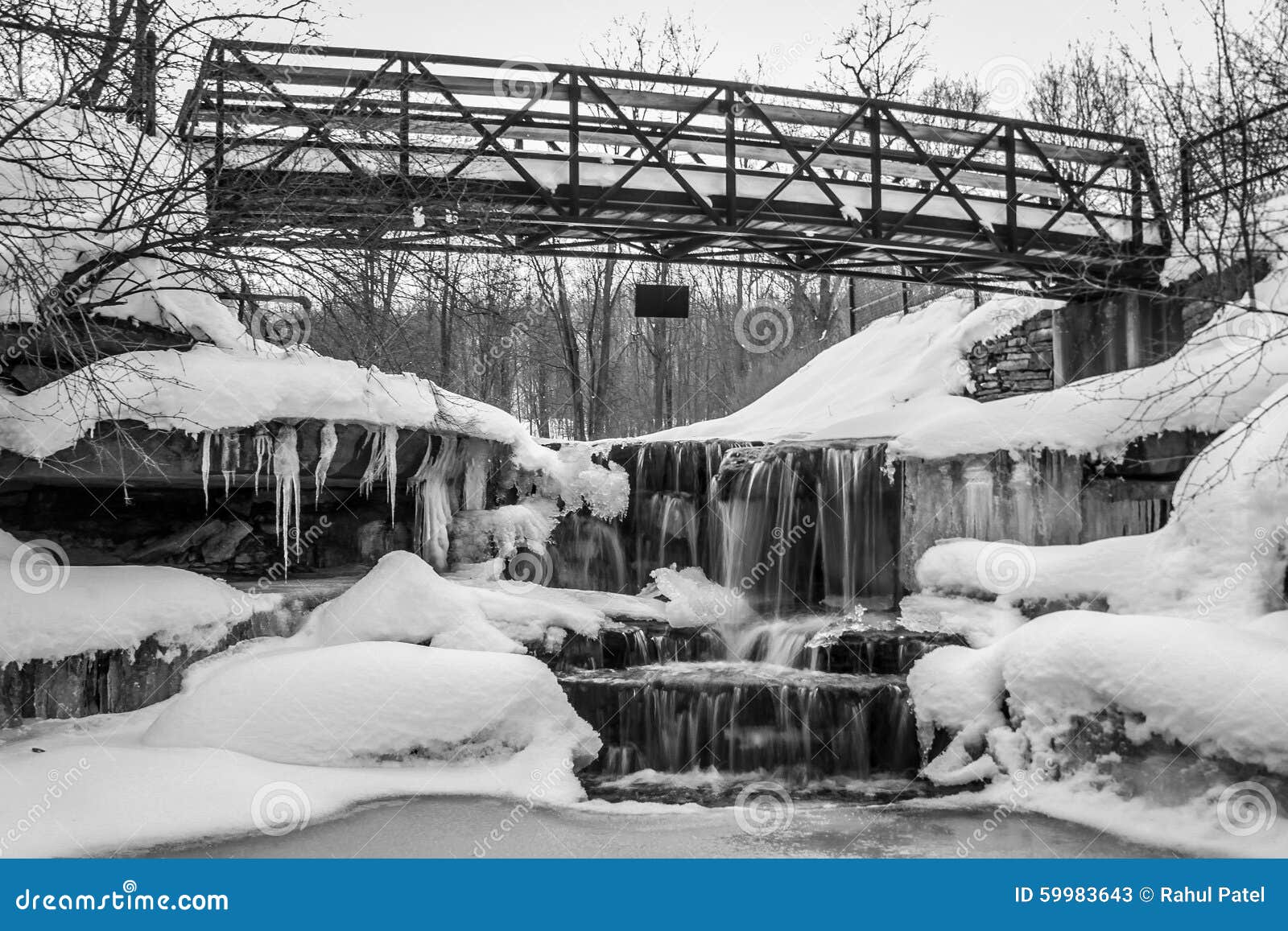 Black White Icy Waterfall Under Bridge Stock Image - Image of white ...