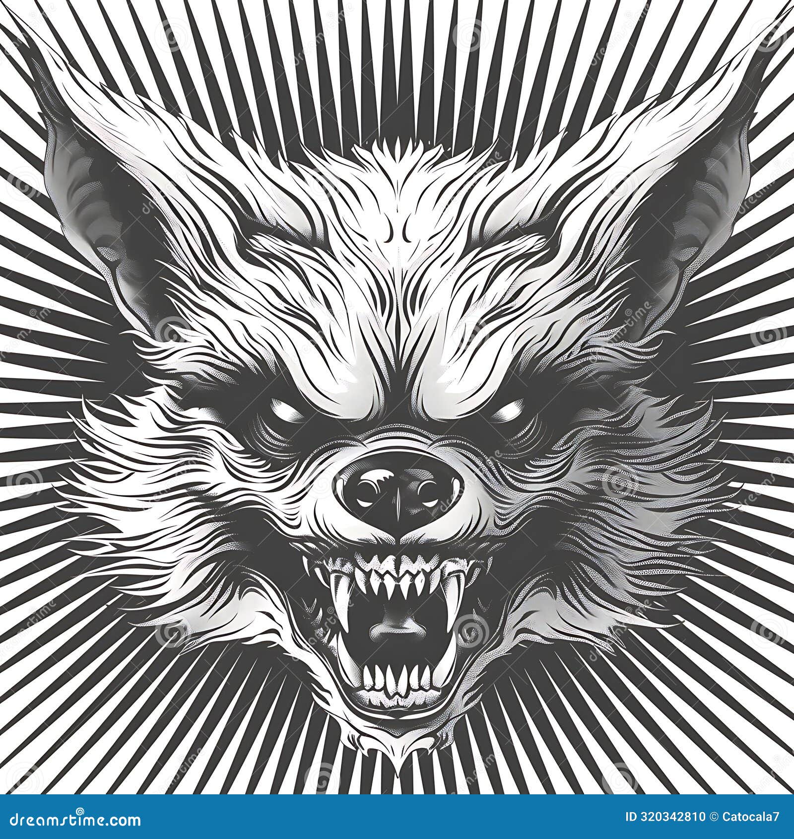 Black and White Illustration of Bats Face with Sharp Teeth, Snarling ...