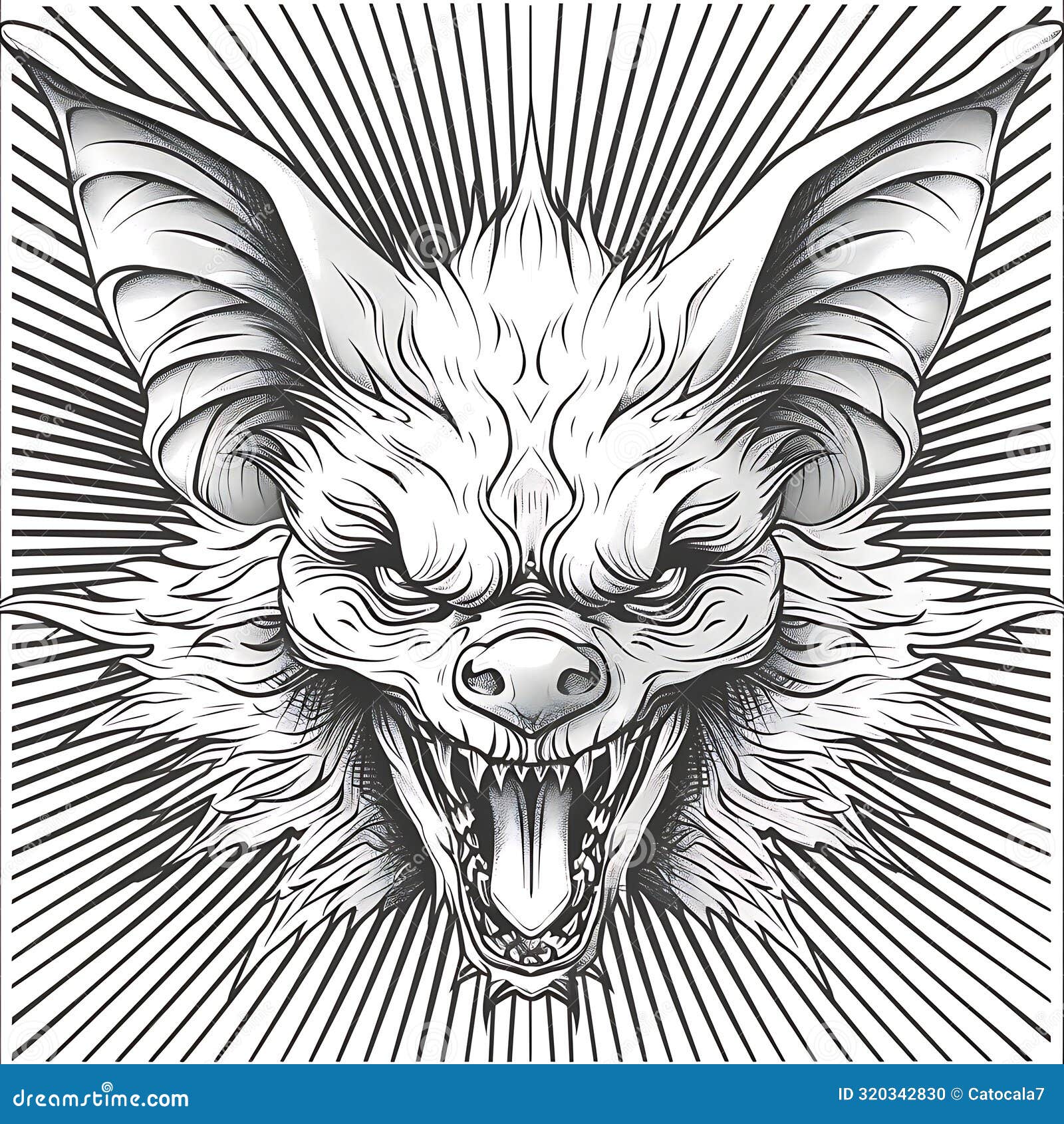 Black and White Illustration of Bats Face with Sharp Teeth, Snarling ...