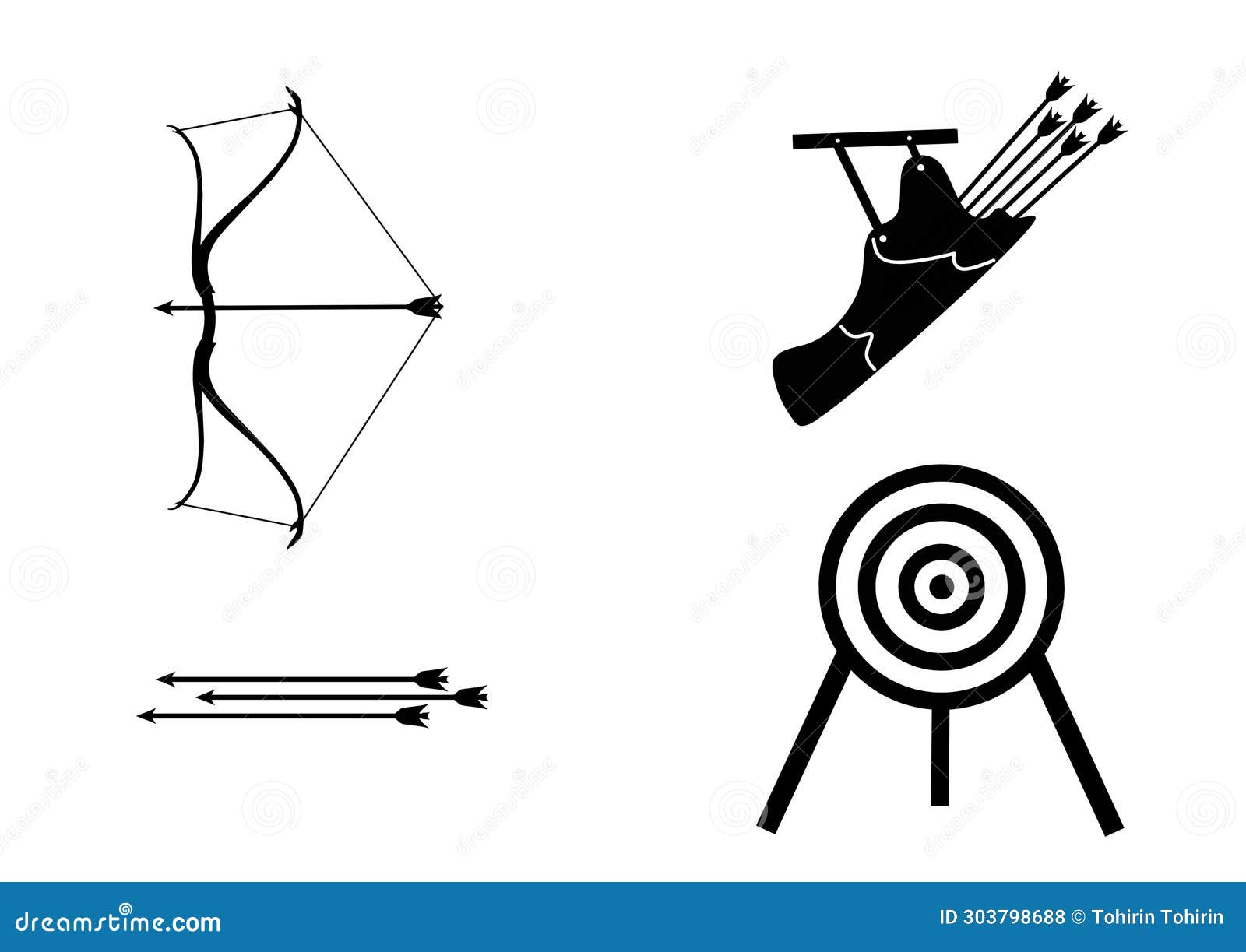 Black and White Illustration of Bow, Arrow, Quiver, and Circle Archery ...