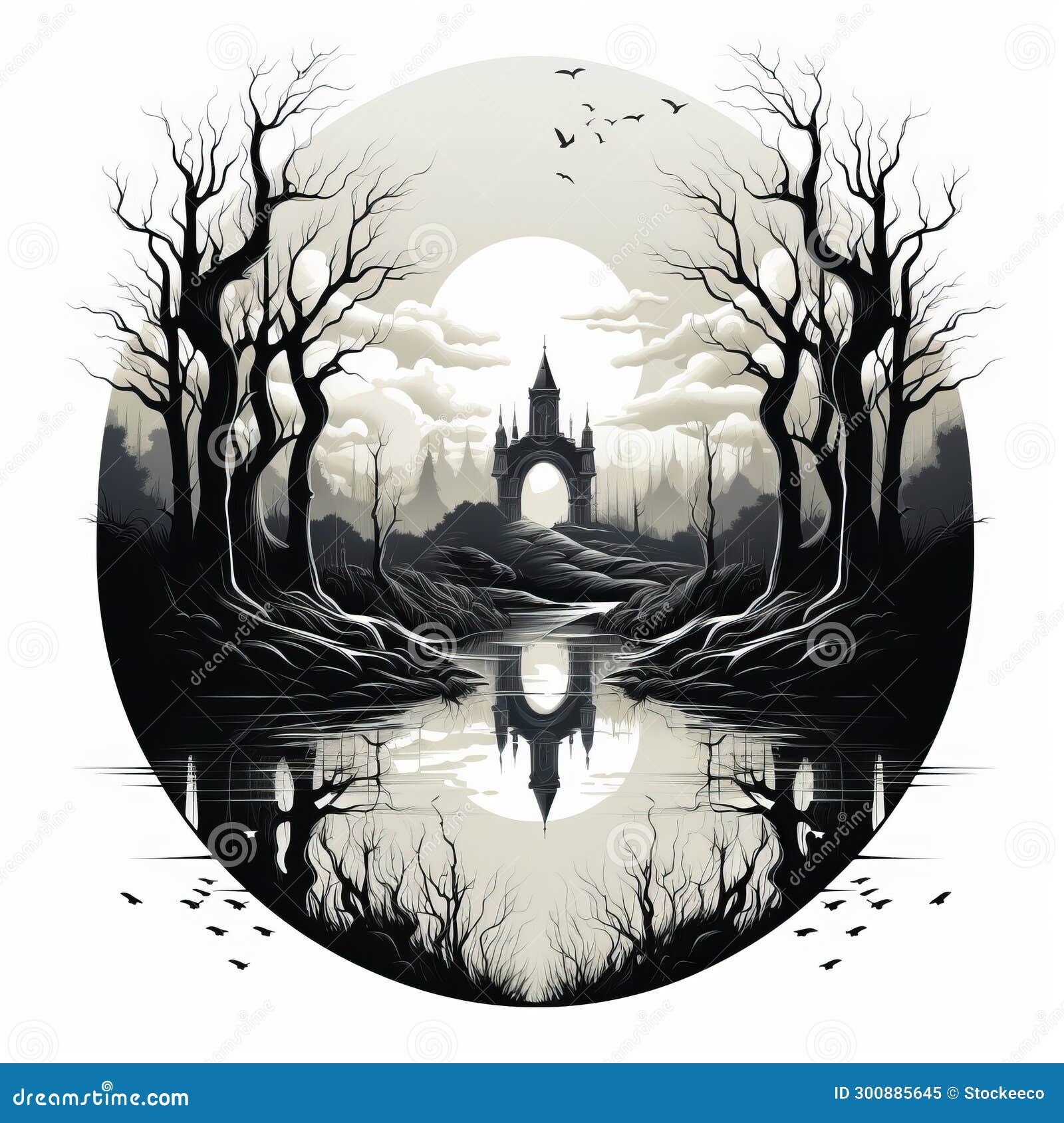 Dark and Mysterious Castle Illustration: a Holotone Printing ...