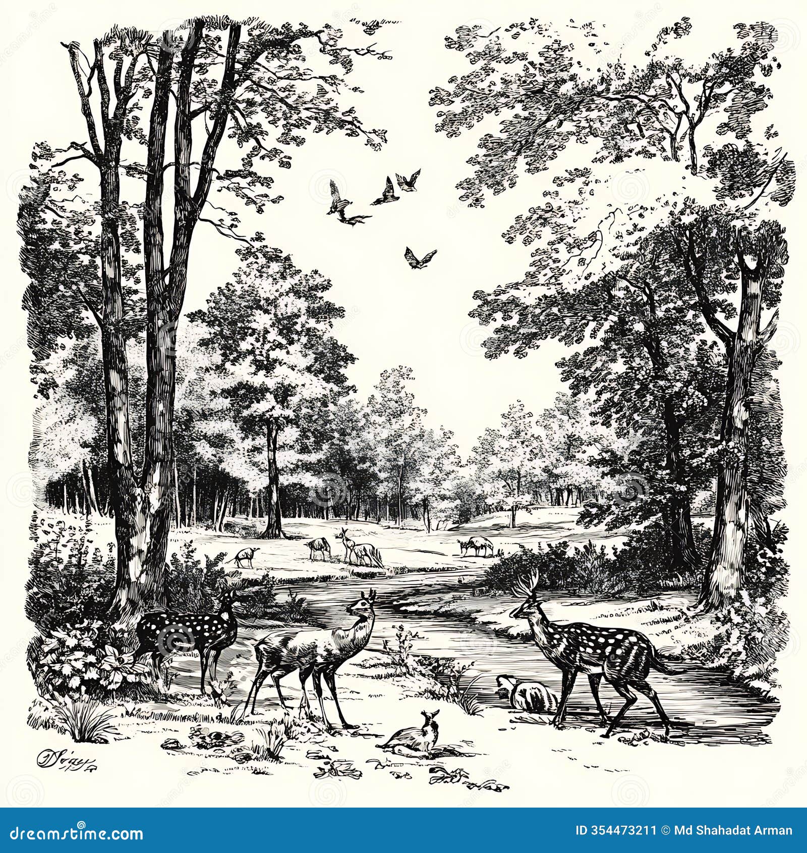 Black and White Illustration of Deer, Birds, and Trees by a Stream ...